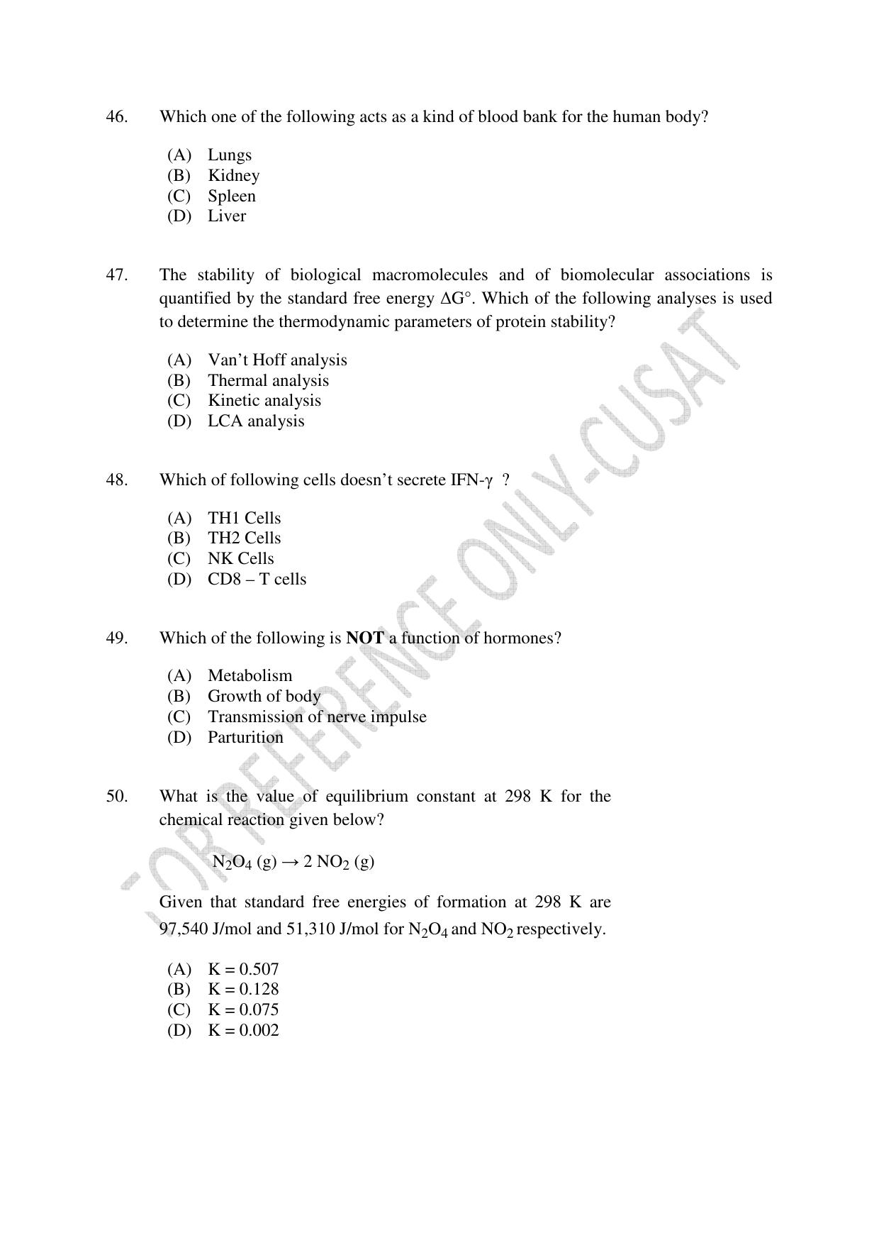 CUSAT CAT 2022 BIOTECHNOLOGY Question Paper - IndCareer Docs