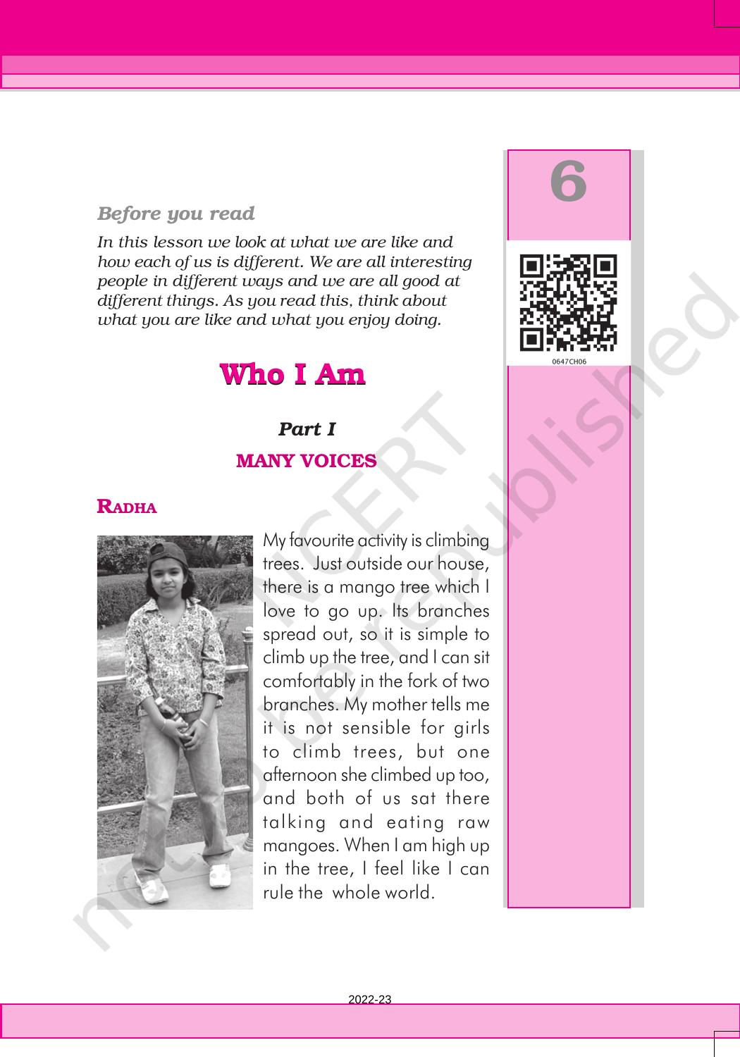 NCERT Book for Class 6 English(Honeysuckle) : Chapter 6-Who I Am ...