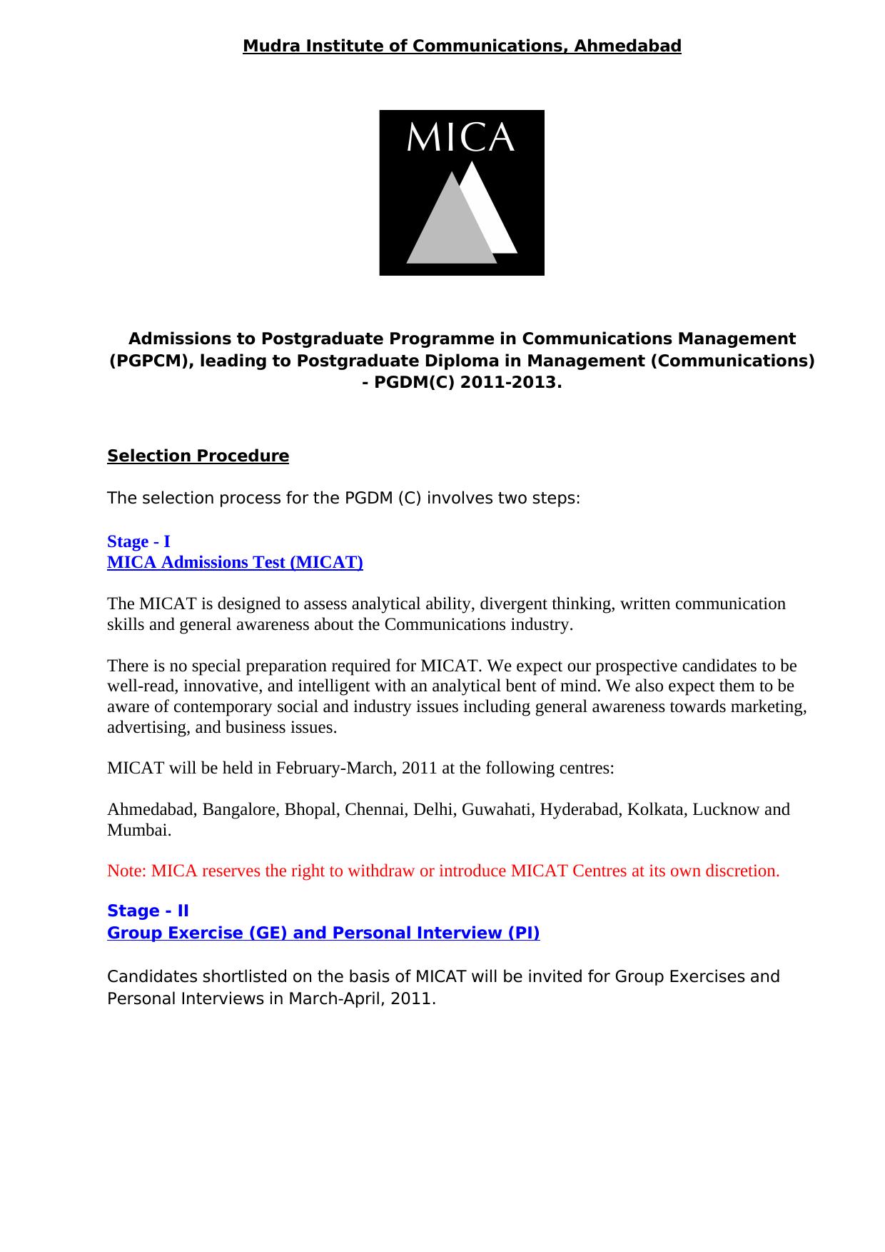 MICAT Sample Questions 2011-13 - IndCareer Docs