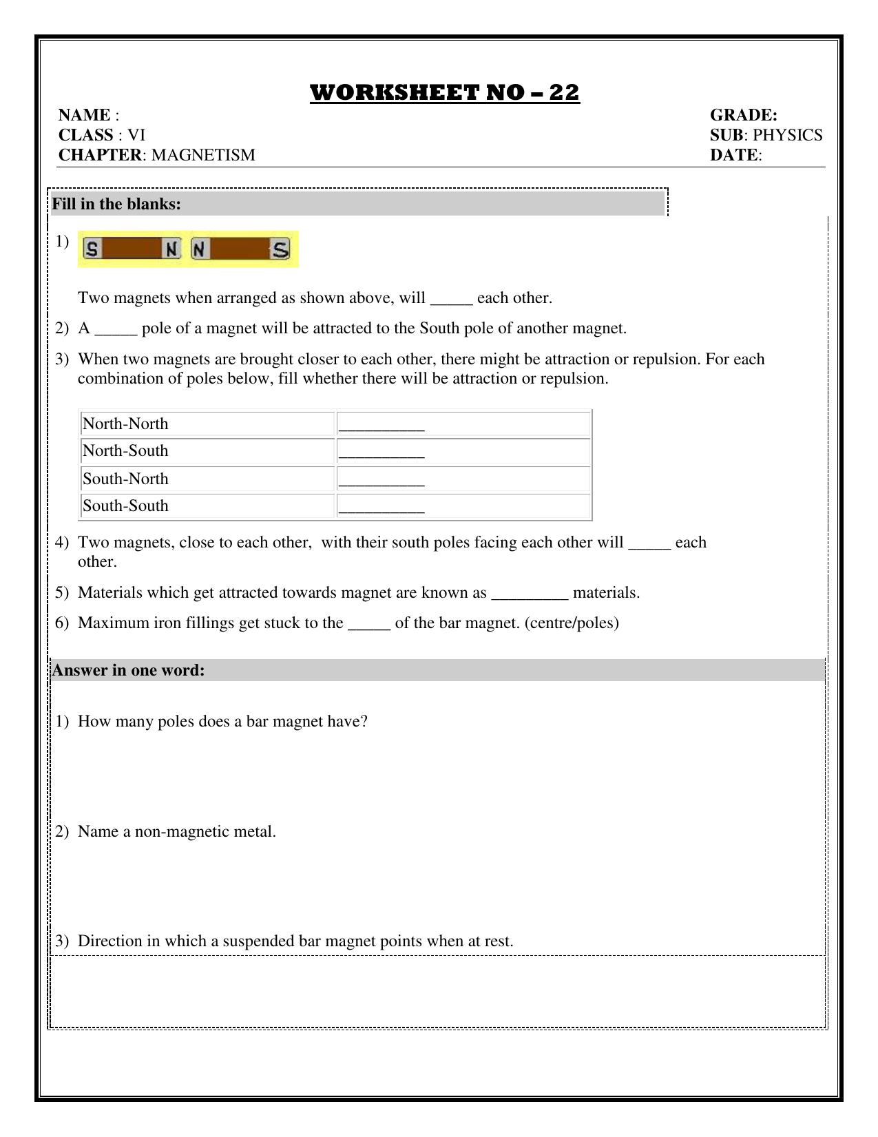CBSE Worksheets for Class 6 Physics Magnetism Assignment 2 - IndCareer Docs