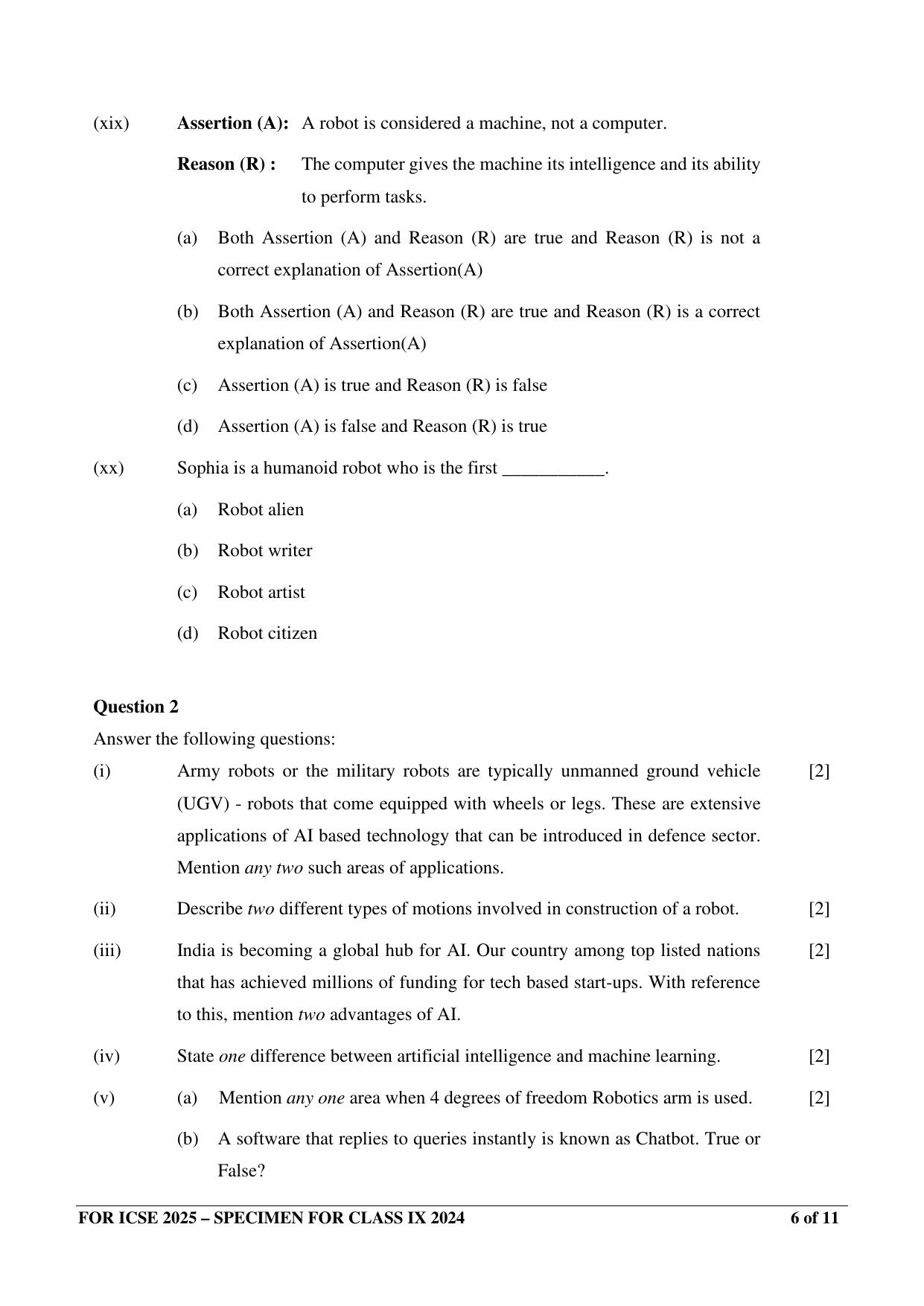 ICSE Class 9 2024 ROBOTICS AND ARTIFICIAL INTELLIGENCE Sample Paper ...
