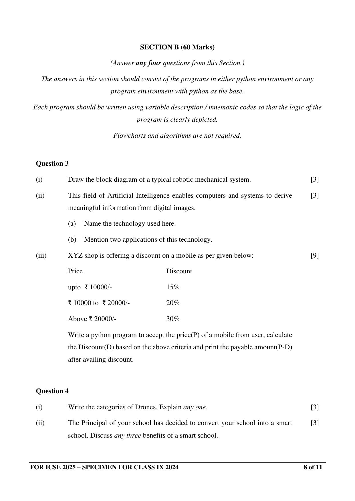 ICSE Class 9 2024 ROBOTICS AND ARTIFICIAL INTELLIGENCE Sample Paper ...