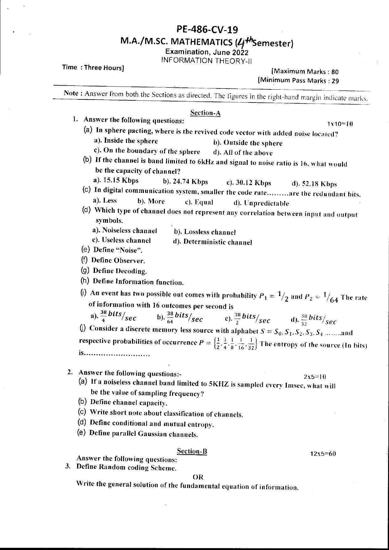 Bilaspur University Question Paper June 2022:M.A./M.Sc. Mathematics ...