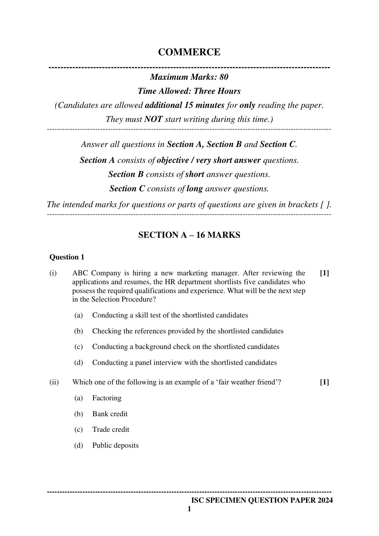 ISC Class 12 Commerce Sample Paper - IndCareer Schools