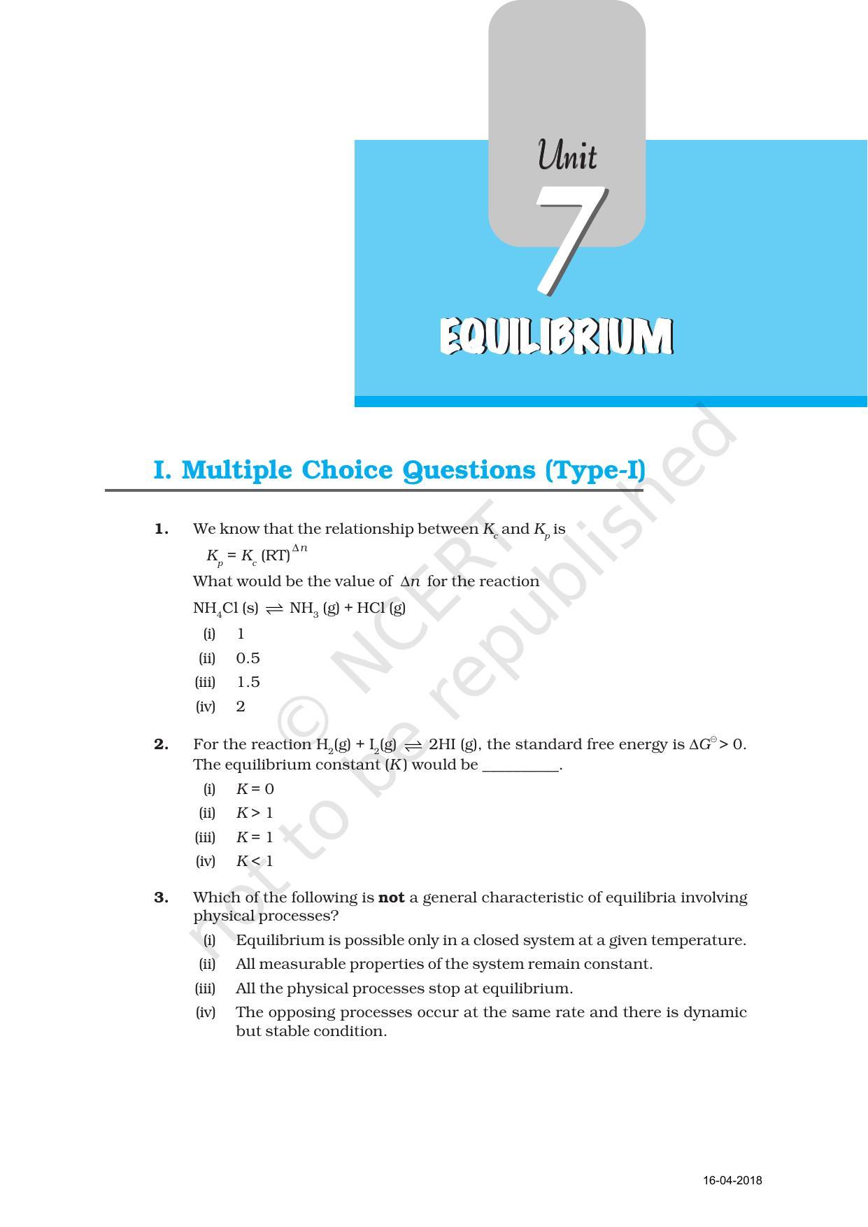 NCERT Exemplar Book for Class 11 Chemistry Chapter 7 Equilibrium