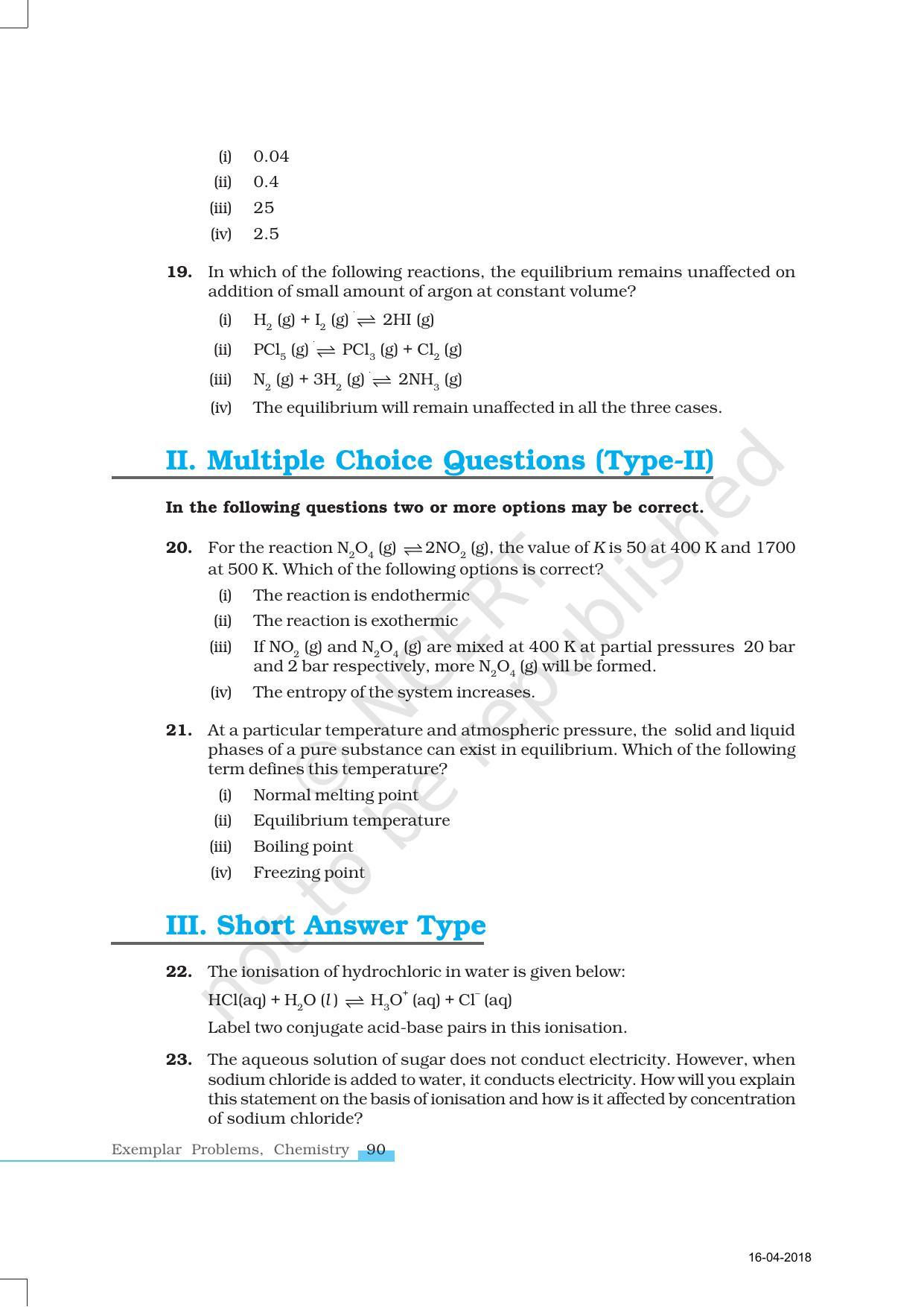 NCERT Exemplar Book for Class 11 Chemistry Chapter 7 Equilibrium