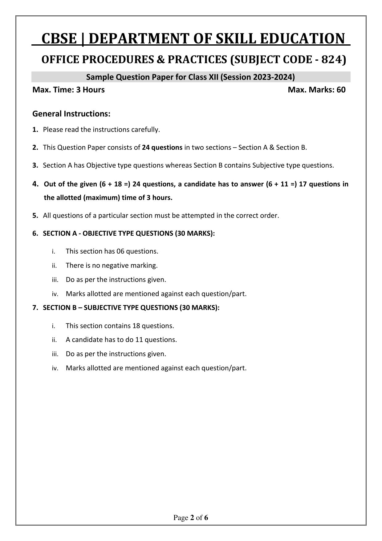 CBSE Class 12 Office Procedures & Practices Sample Papers: 2023, 2024 ...