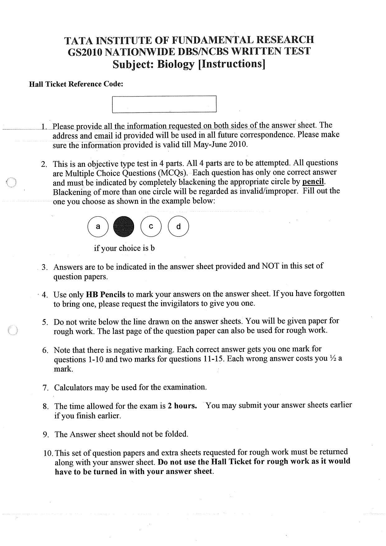 TIFR GS 2010 Biology Question Paper - IndCareer Docs