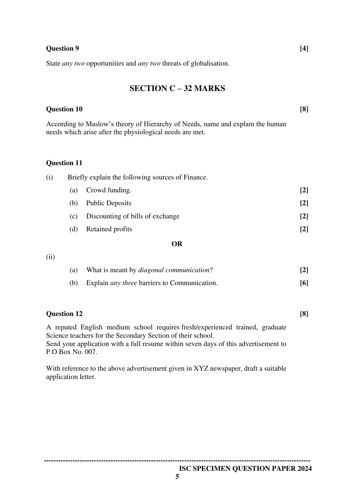 ISC Class 12 Sample Paper for Business Studies - IndCareer Schools