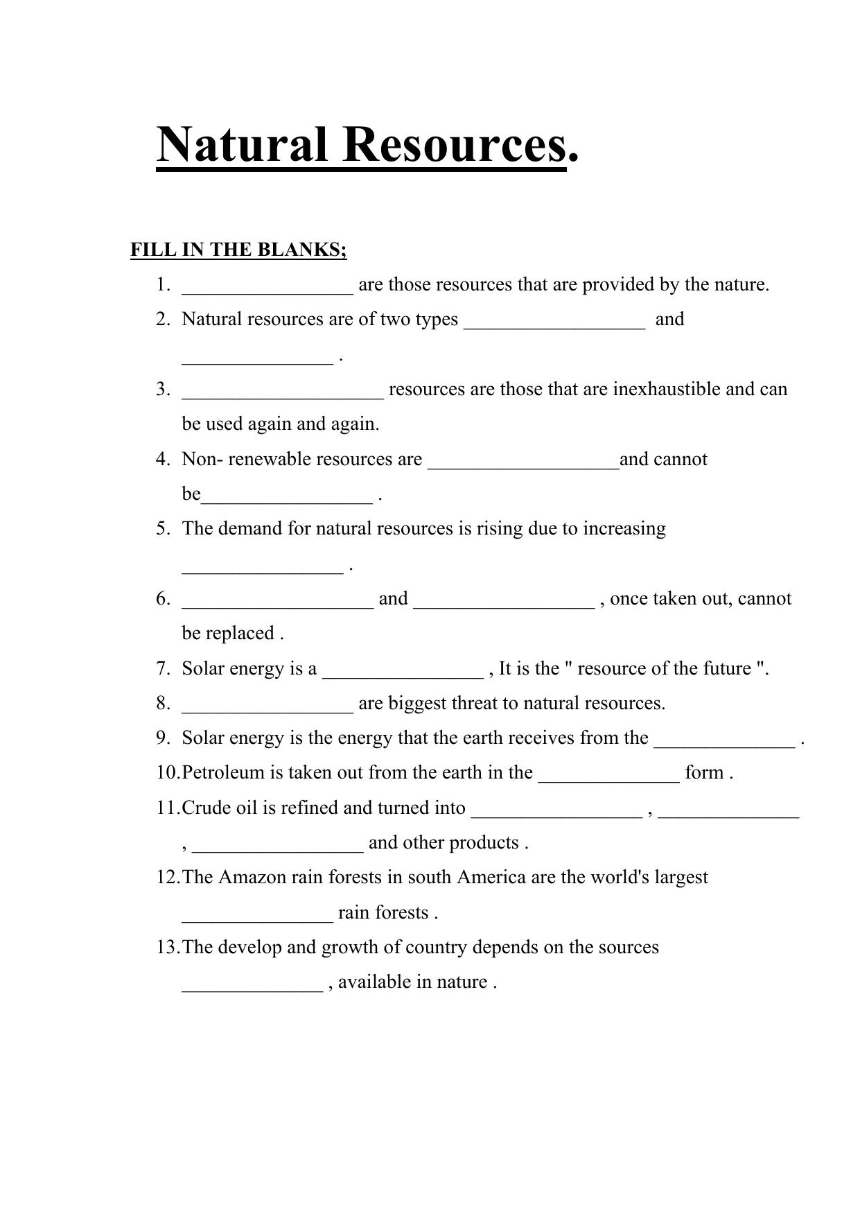 Worksheet for Class 5 Social Science Natural Resources Assignment ...