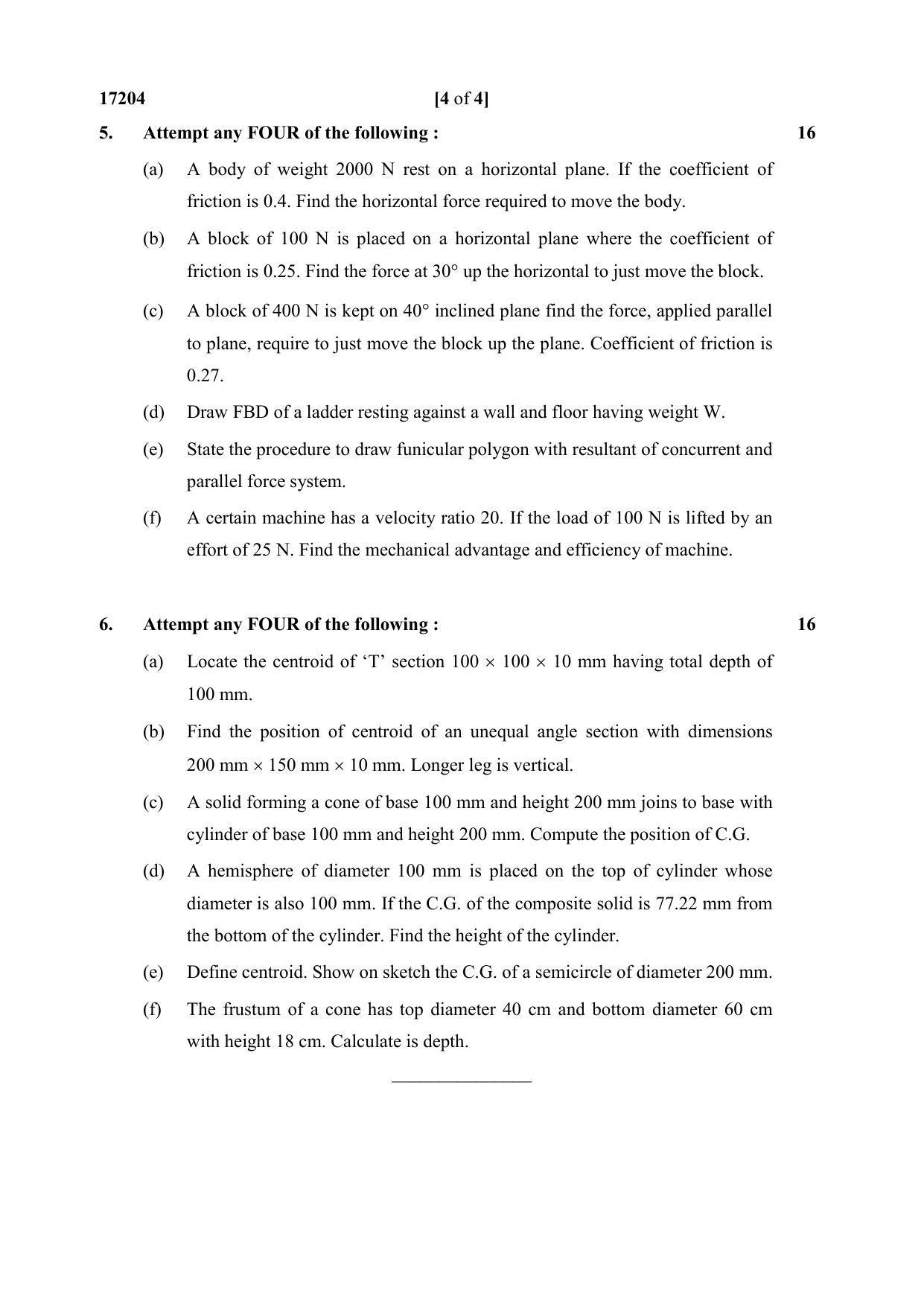 MSBTE Summer Question Paper 2019 - Engineering Mechanics - IndCareer Docs