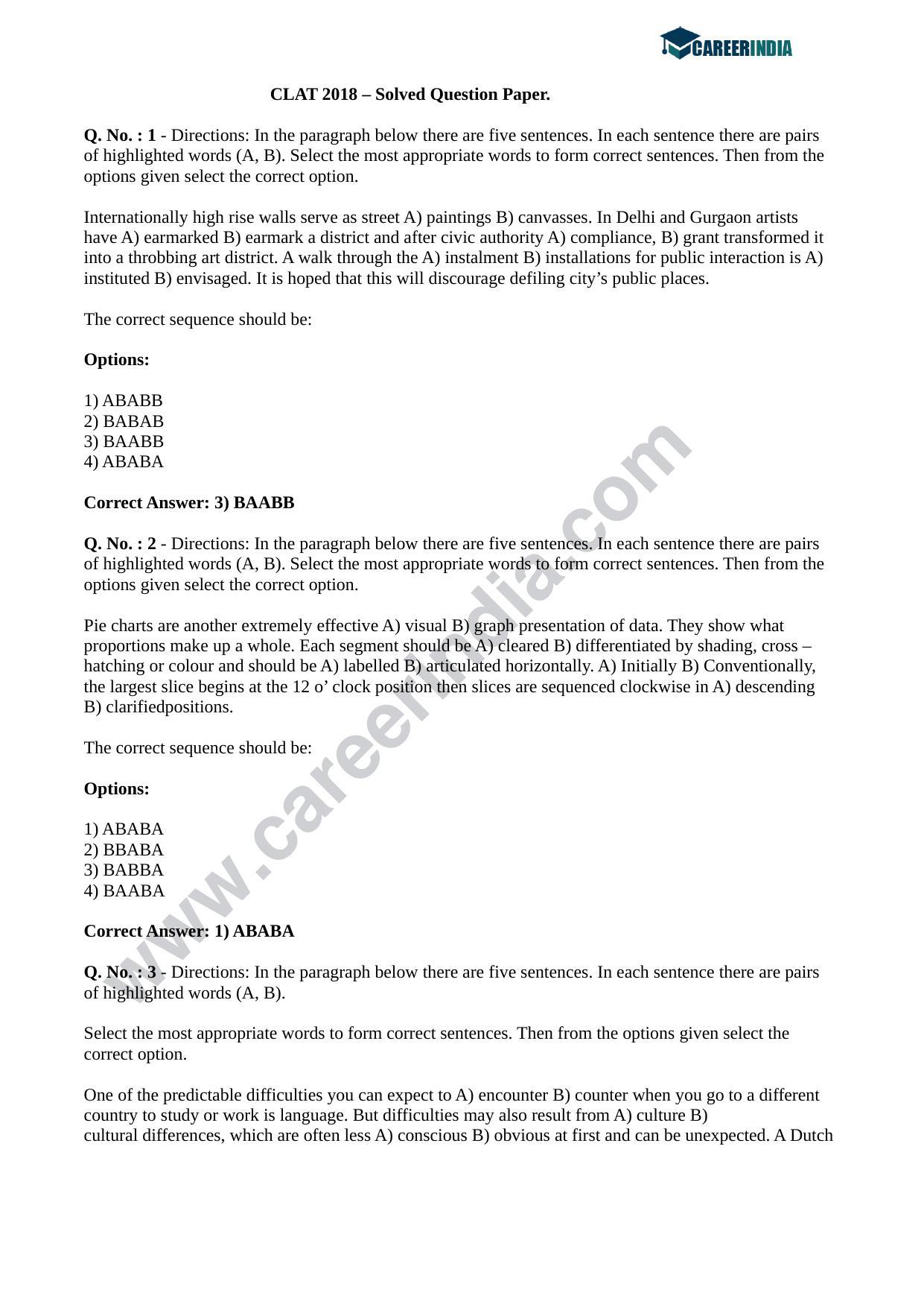 CLAT 2018 UG Question Paper - IndCareer Docs