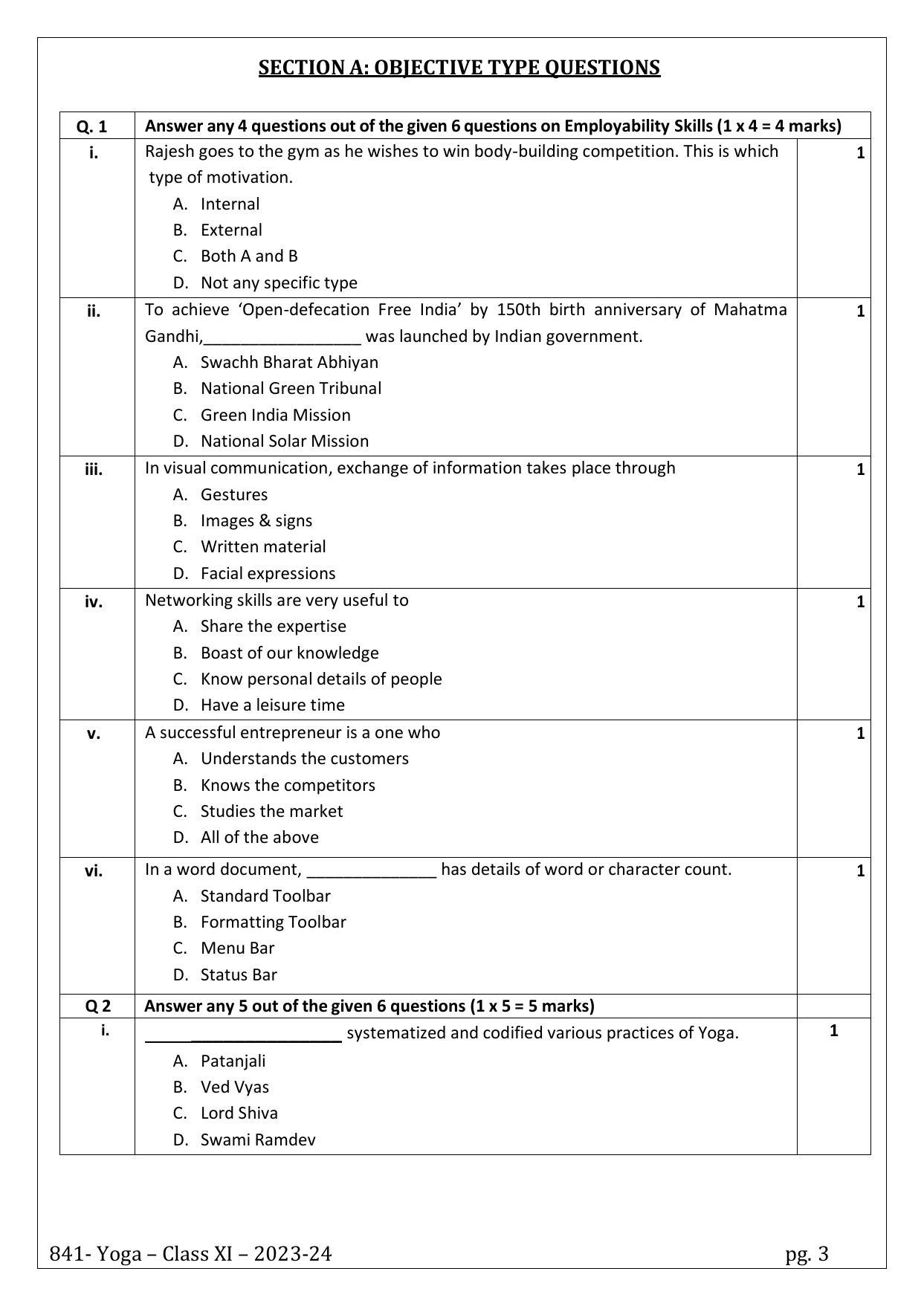 CBSE Class 11: Yoga 2024 Sample Paper - IndCareer Docs