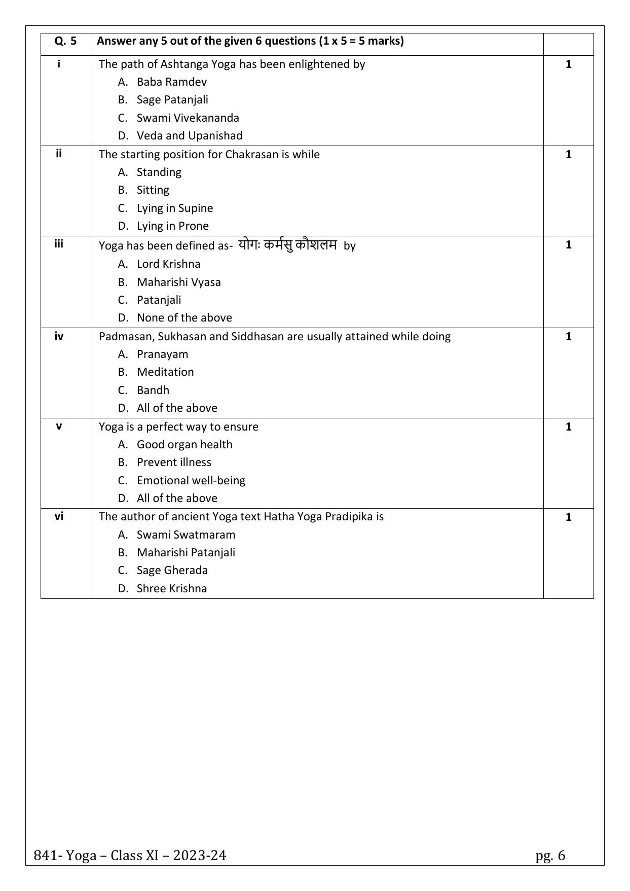CBSE Class 11: Yoga 2024 Sample Paper - IndCareer Docs