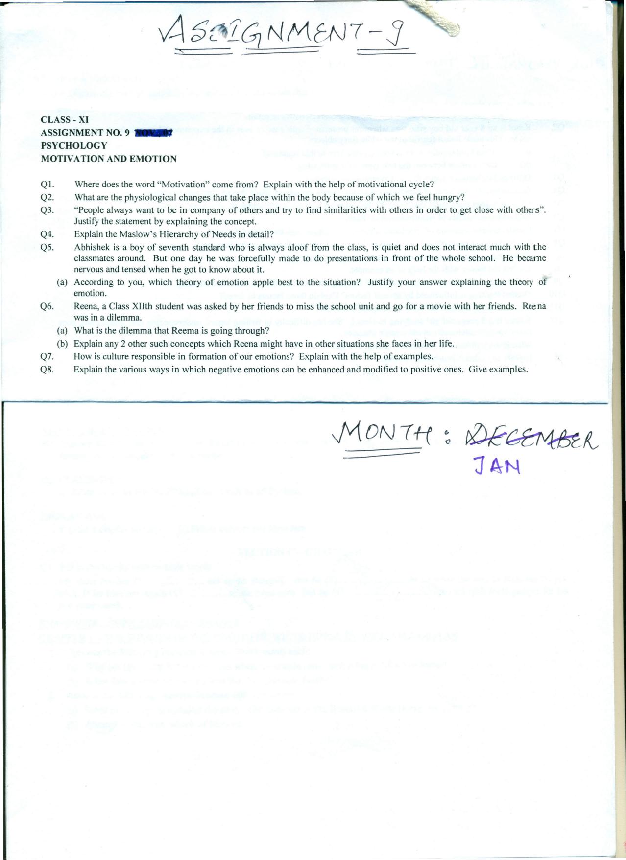 CBSE Worksheets for Class 11 Psychology Assignment 9 - IndCareer Docs