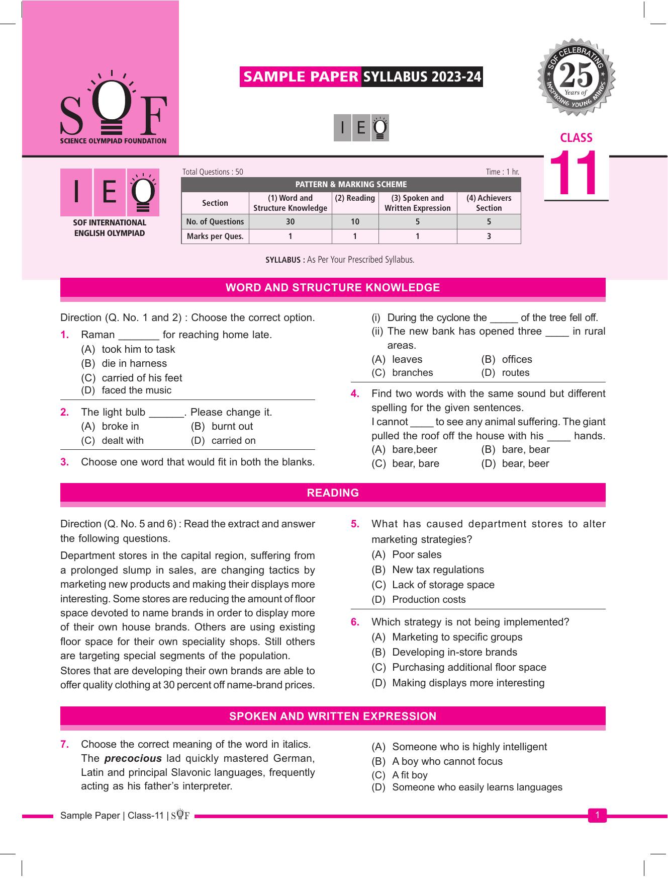 SOF IEO Class 11 (2023-2024) Sample Paper - IndCareer Docs