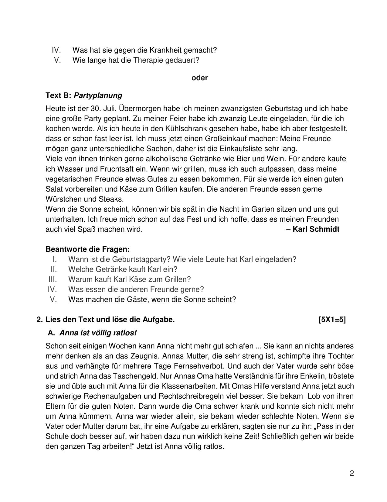 CBSE Class 10 German Sample Paper 2025 - IndCareer Schools
