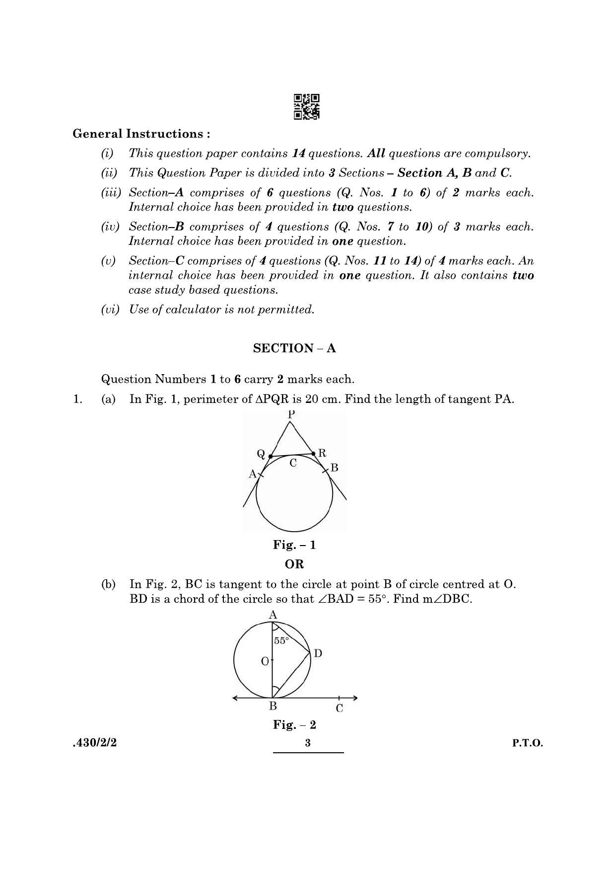 CBSE Class 10 Maths Basic (430/2/2 - SET 2) 2022 Question Paper - IndCareer Docs