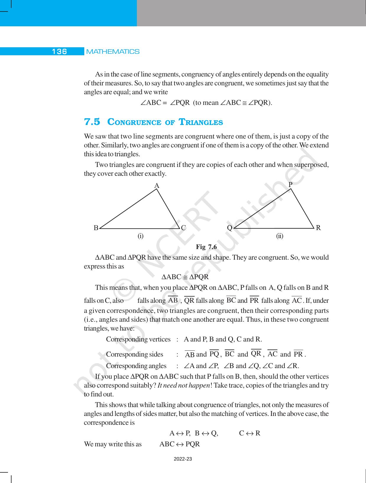 NCERT Book for Class 7 Maths: Chapter 7-Congruence of Triangles ...