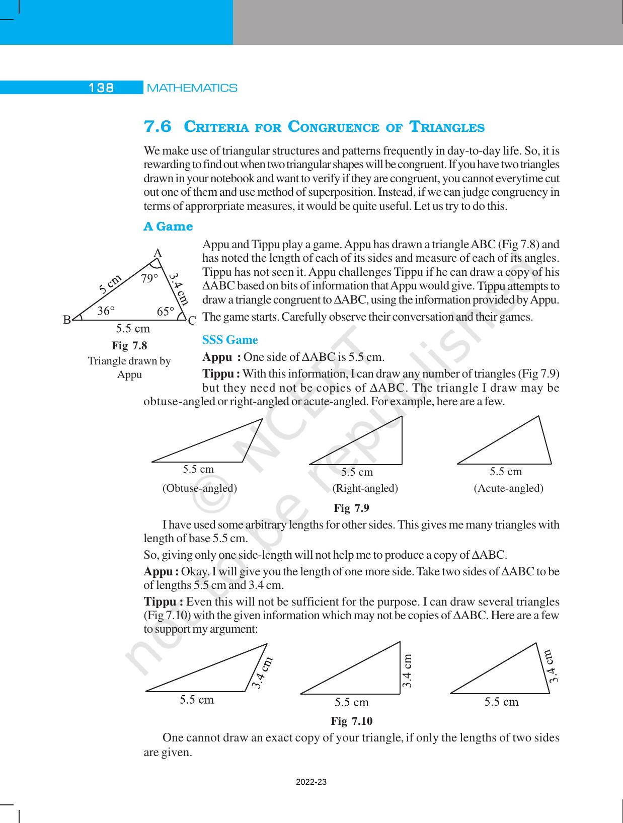 NCERT Book for Class 7 Maths: Chapter 7-Congruence of Triangles ...