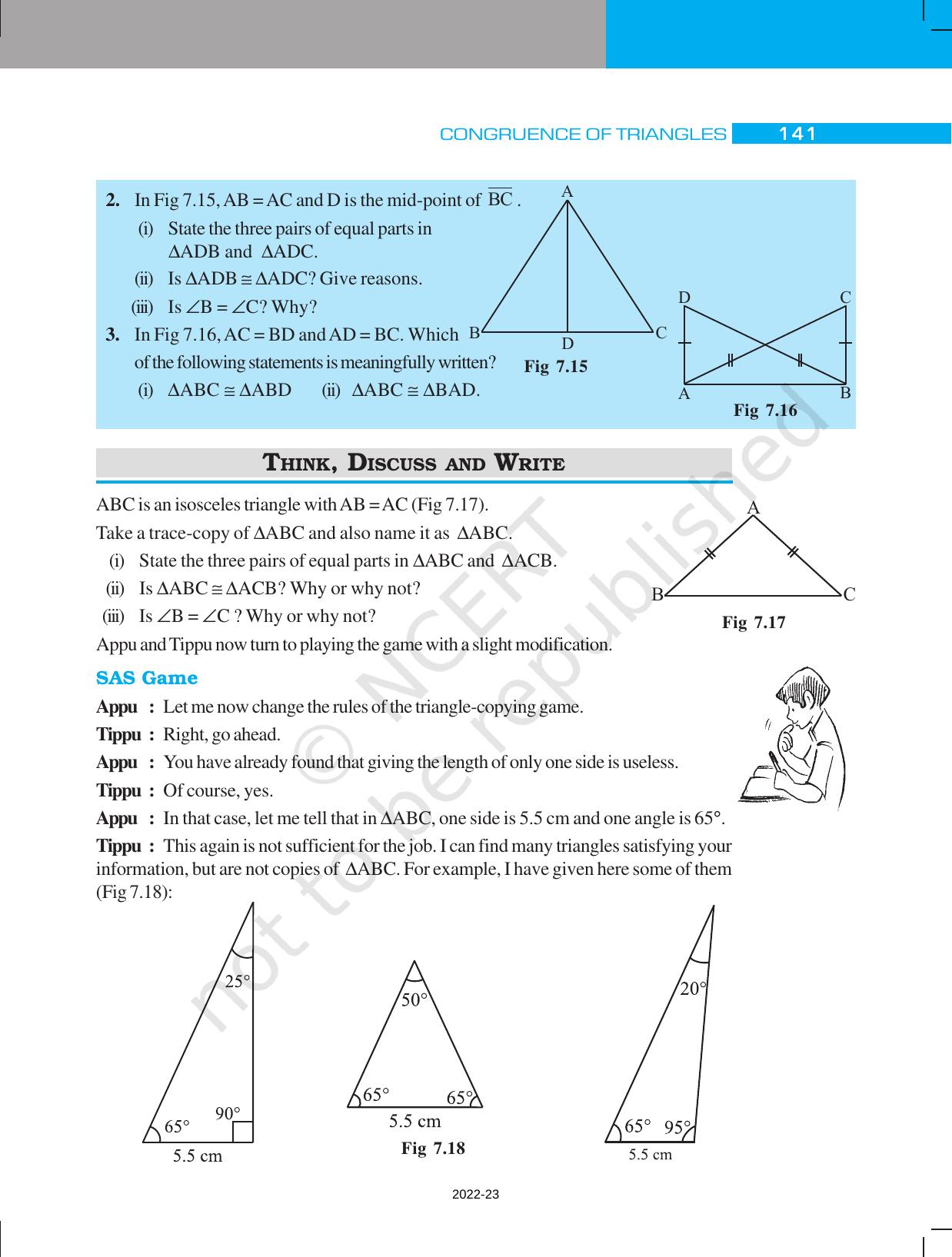 NCERT Book for Class 7 Maths: Chapter 7-Congruence of Triangles - IndCareer Schools