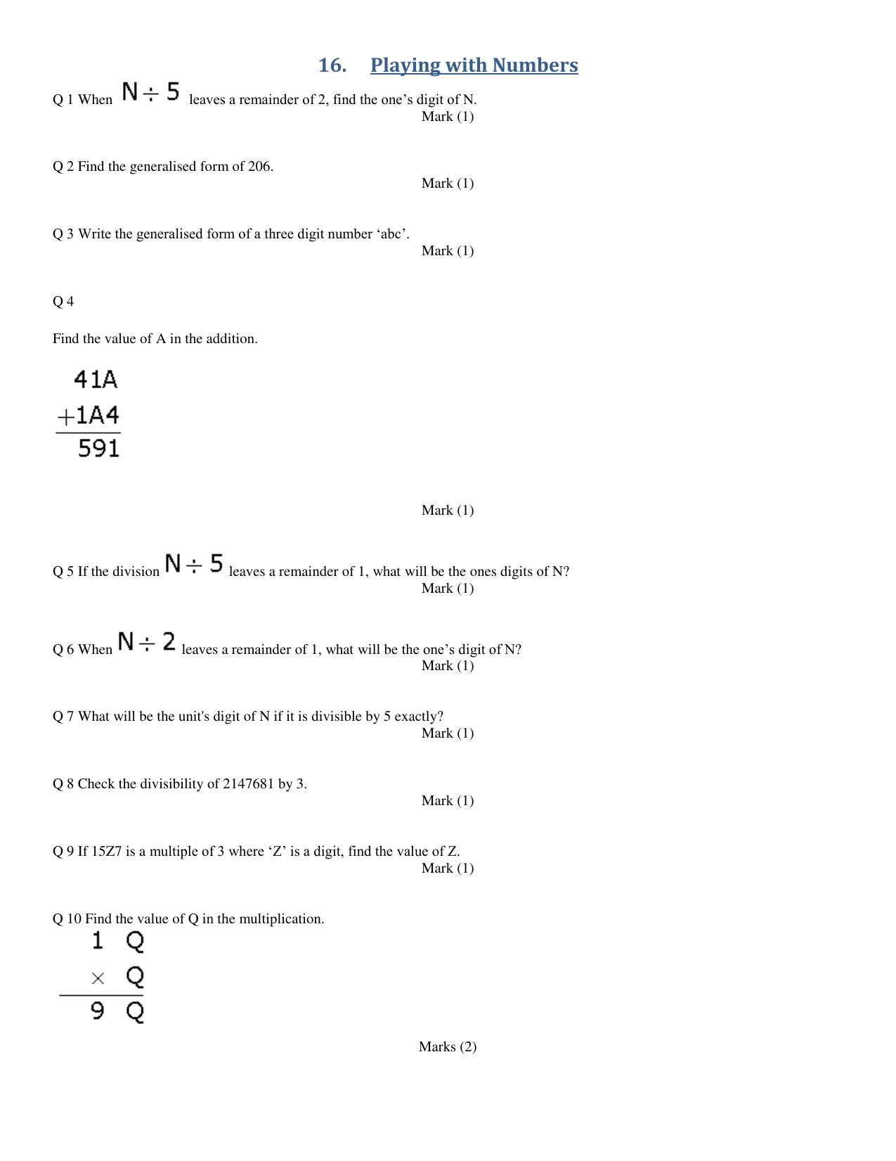 CBSE Worksheets for Class 8 Mathematics Playing with Numbers Assignment ...