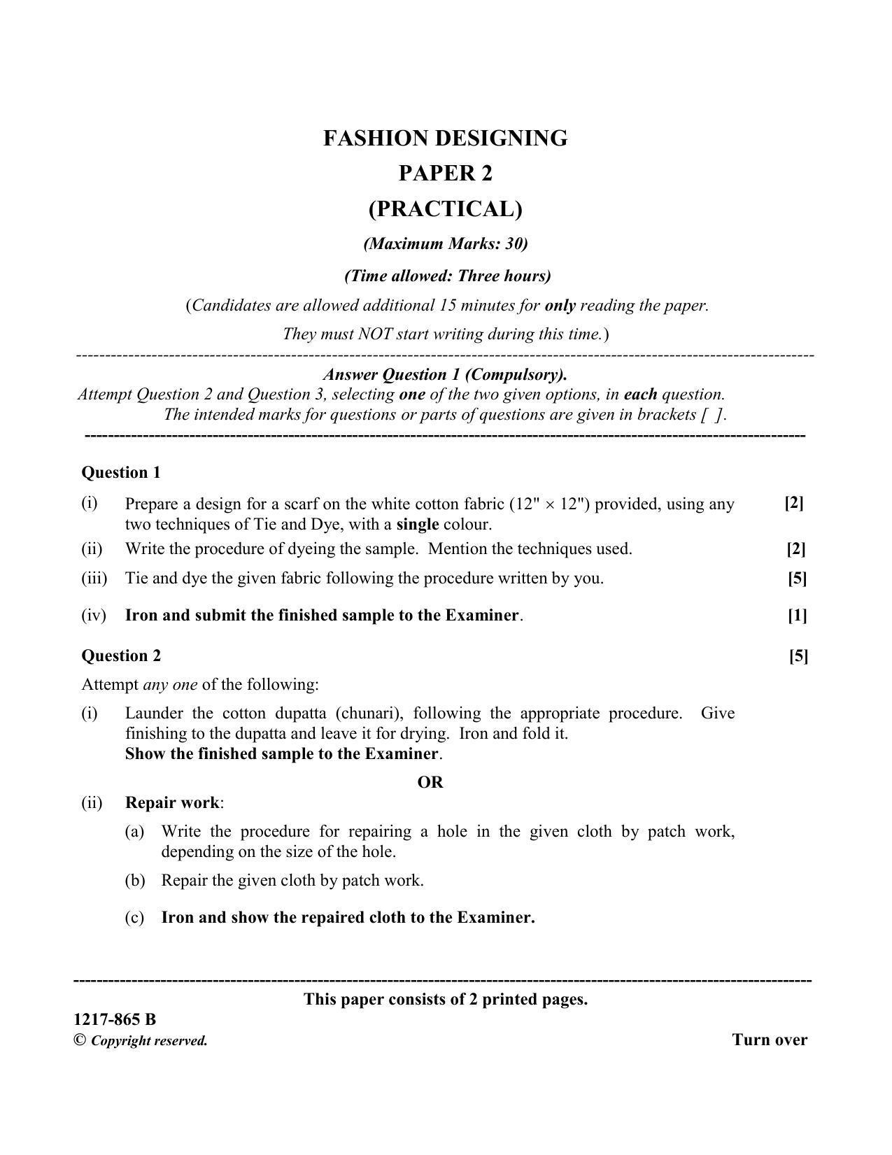 ISC Class 12 2017 FASHION DESIGNING PAPER 2 (PRACTICAL) Question Paper ...