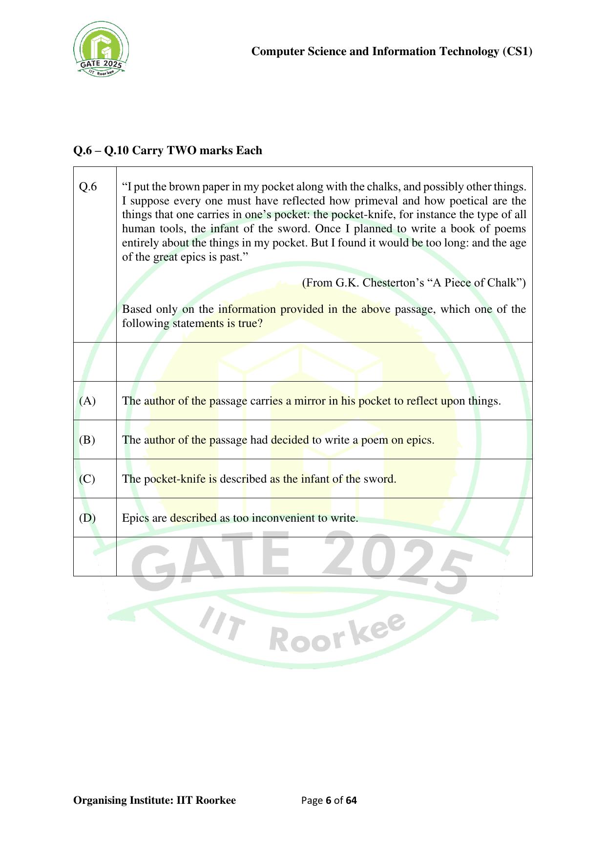 GATE 2025 Computer Science and Information Technology (CS-1) (Forenoon ...