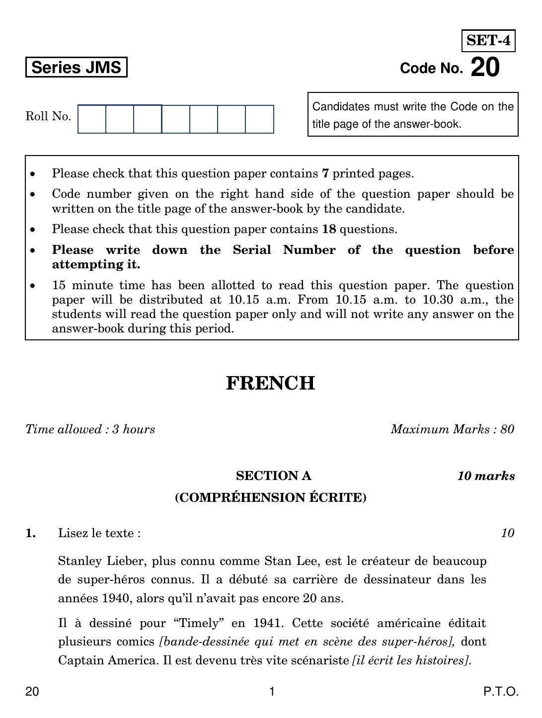 CBSE Class 10 20 FRENCH 2019 Question Paper - IndCareer Docs