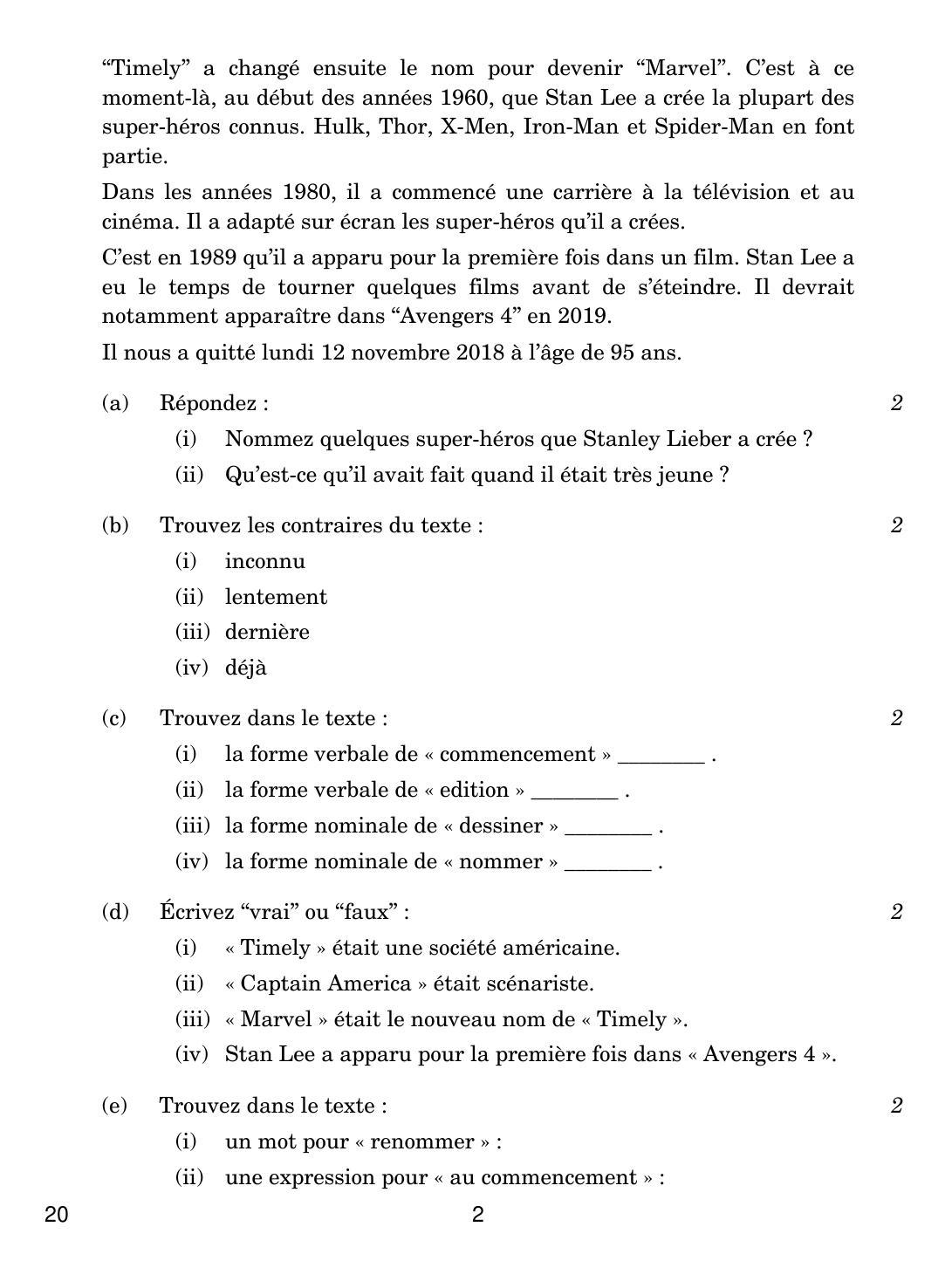 CBSE Class 10 20 FRENCH 2019 Question Paper - IndCareer Docs