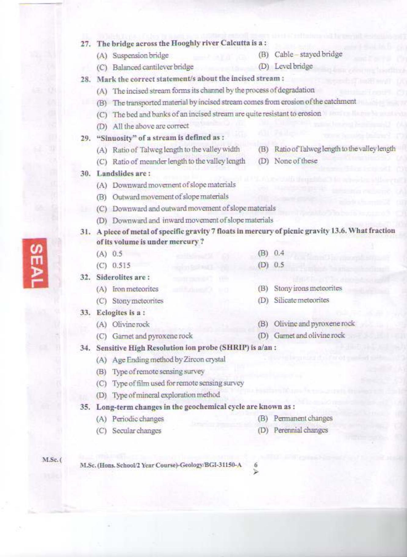 PU CET PG 2015: MSc (HS)(Geology) Question Paper - IndCareer Docs