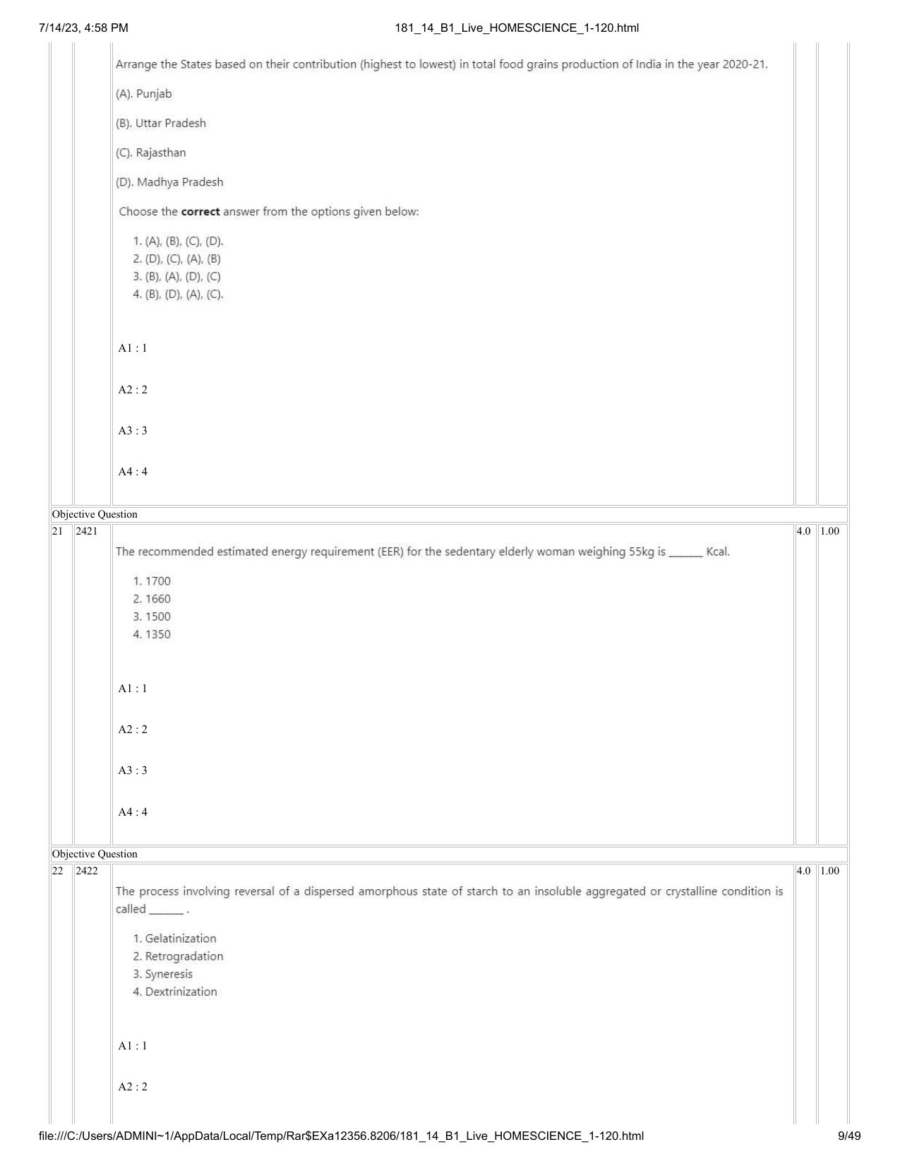 ICAR AIEEA PG 2023 HOME SCIENCE Question Paper- 14 July 2023 ...