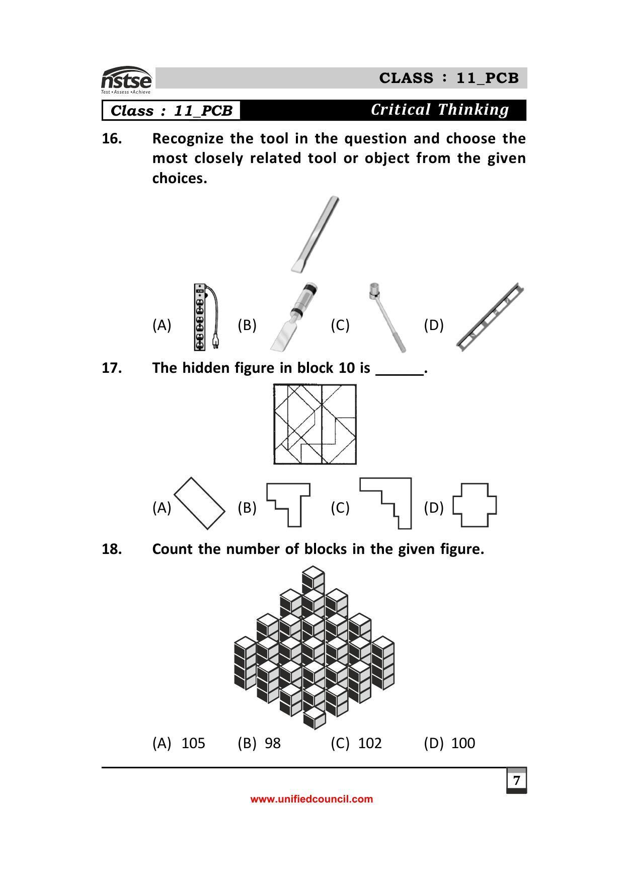 NSTSE Class 11 (PCB) Sample Papers - IndCareer Schools