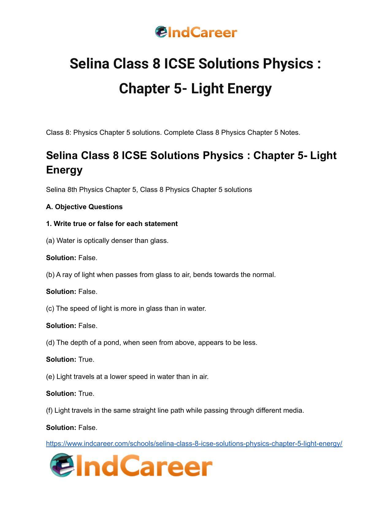 Selina Class 8 ICSE Solutions Physics : Chapter 5- Light Energy - IndCareer Docs