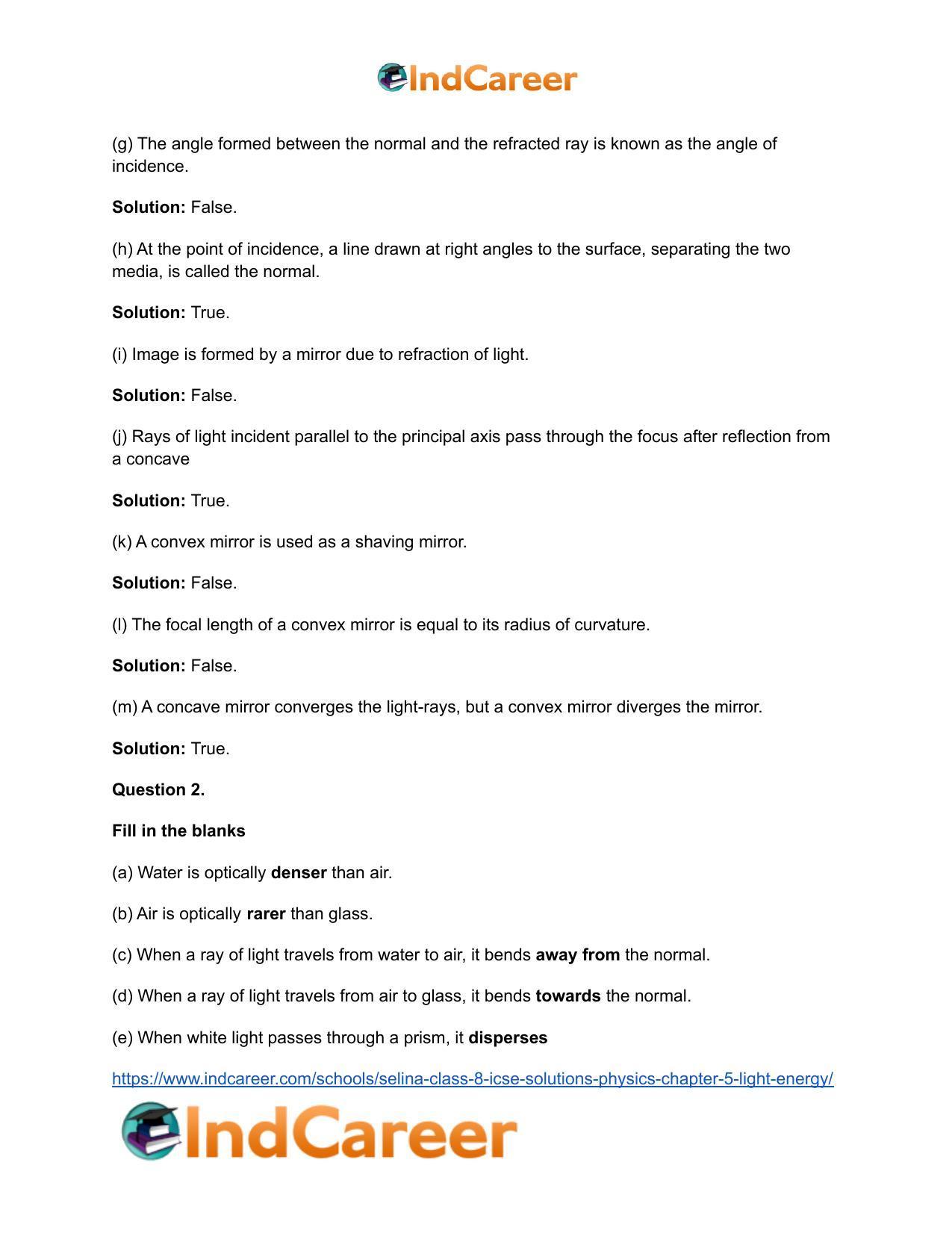 Selina Class 8 ICSE Solutions Physics : Chapter 5- Light Energy ...