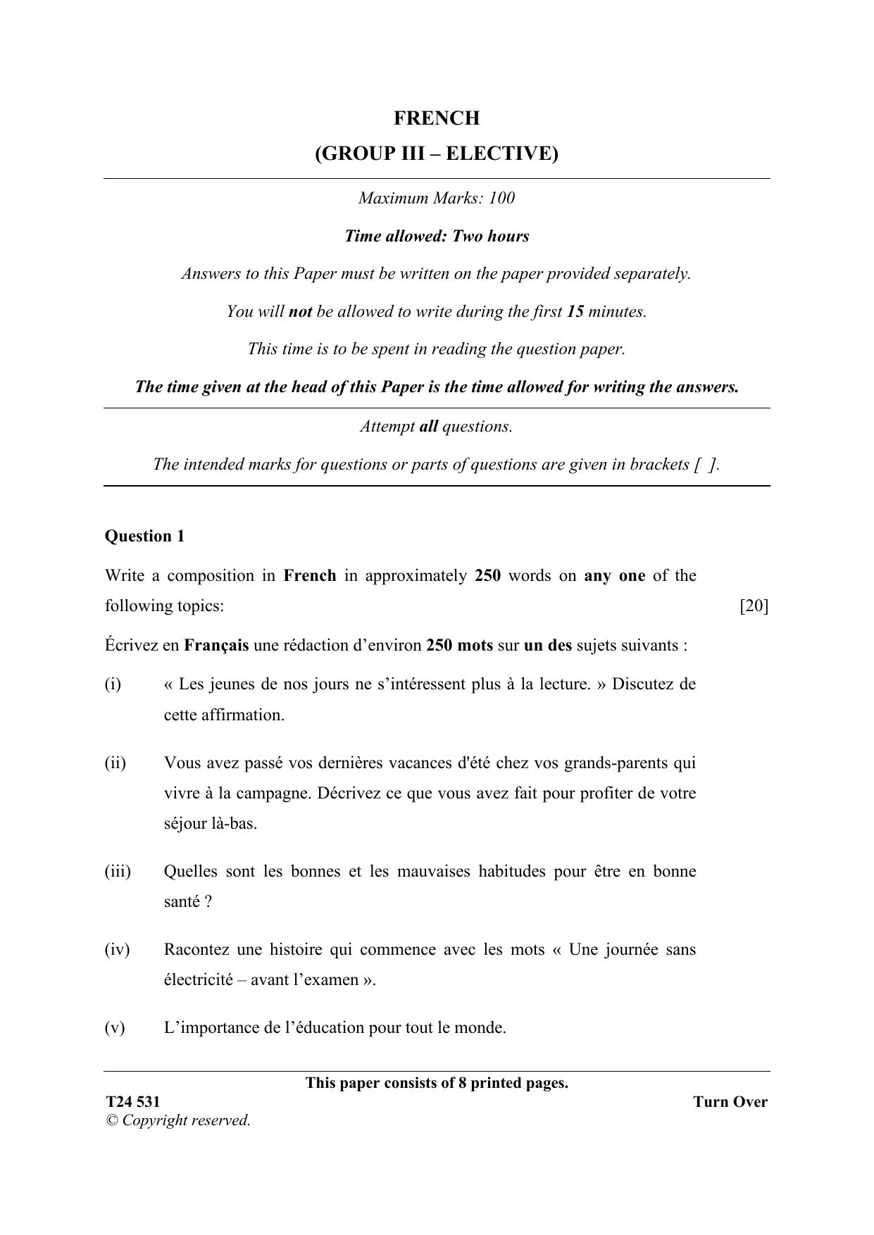 ICSE Class 10 French (Group III – Elective) 2024 Question Paper ...