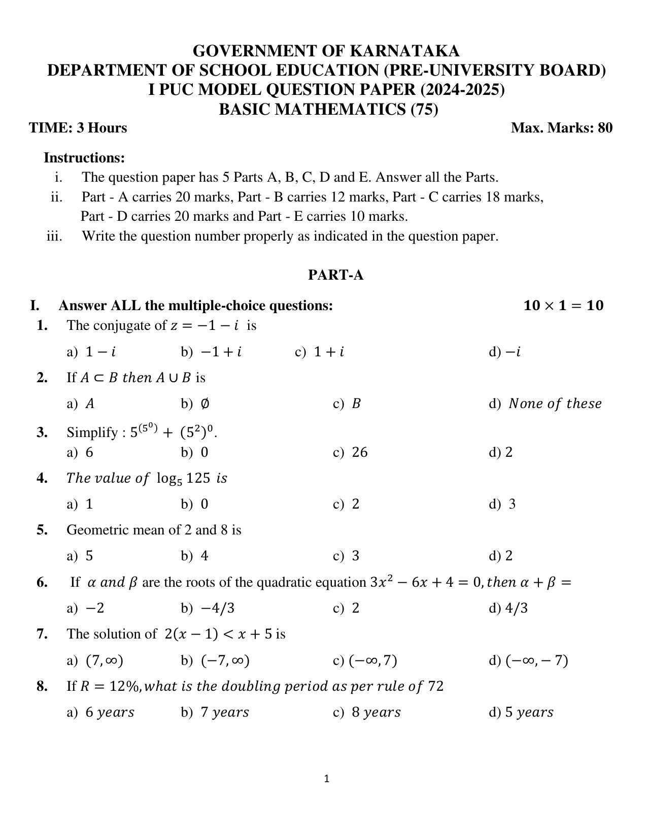 Karnataka 1st PUC Basic Maths Model Question Paper 2025 - IndCareer Docs