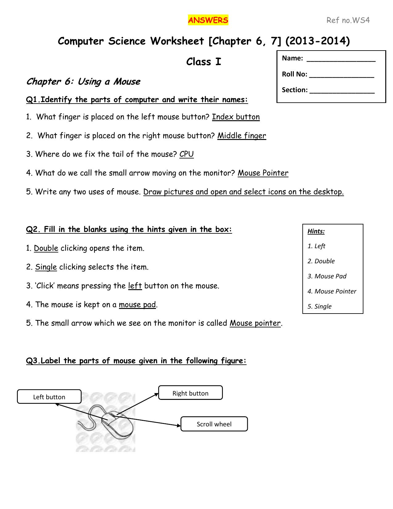 Worksheet for Class 1 Computer Science Using a Mouse Assignment ...