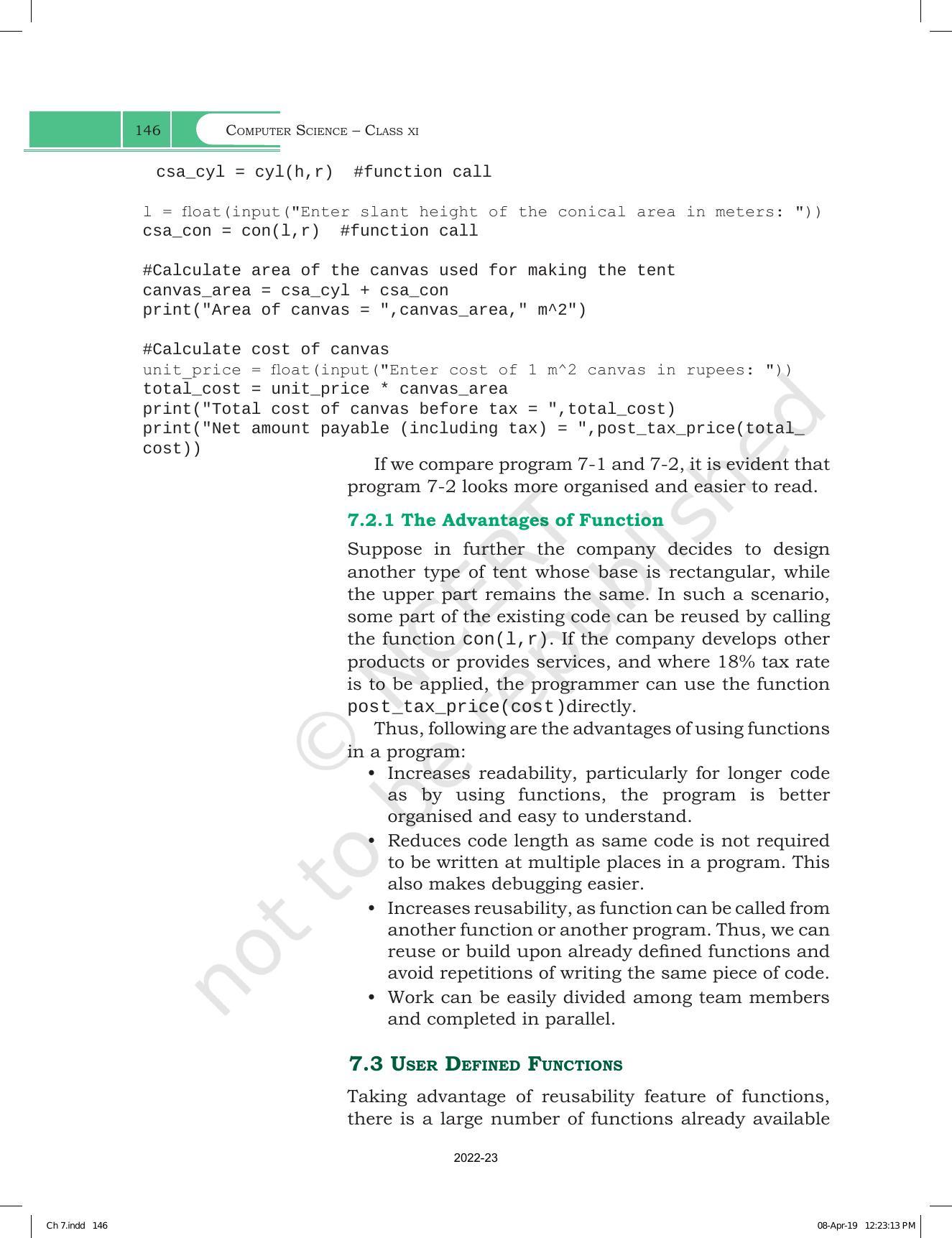 Ncert Book For Class 11 Computer Science Chapter 7 Functions