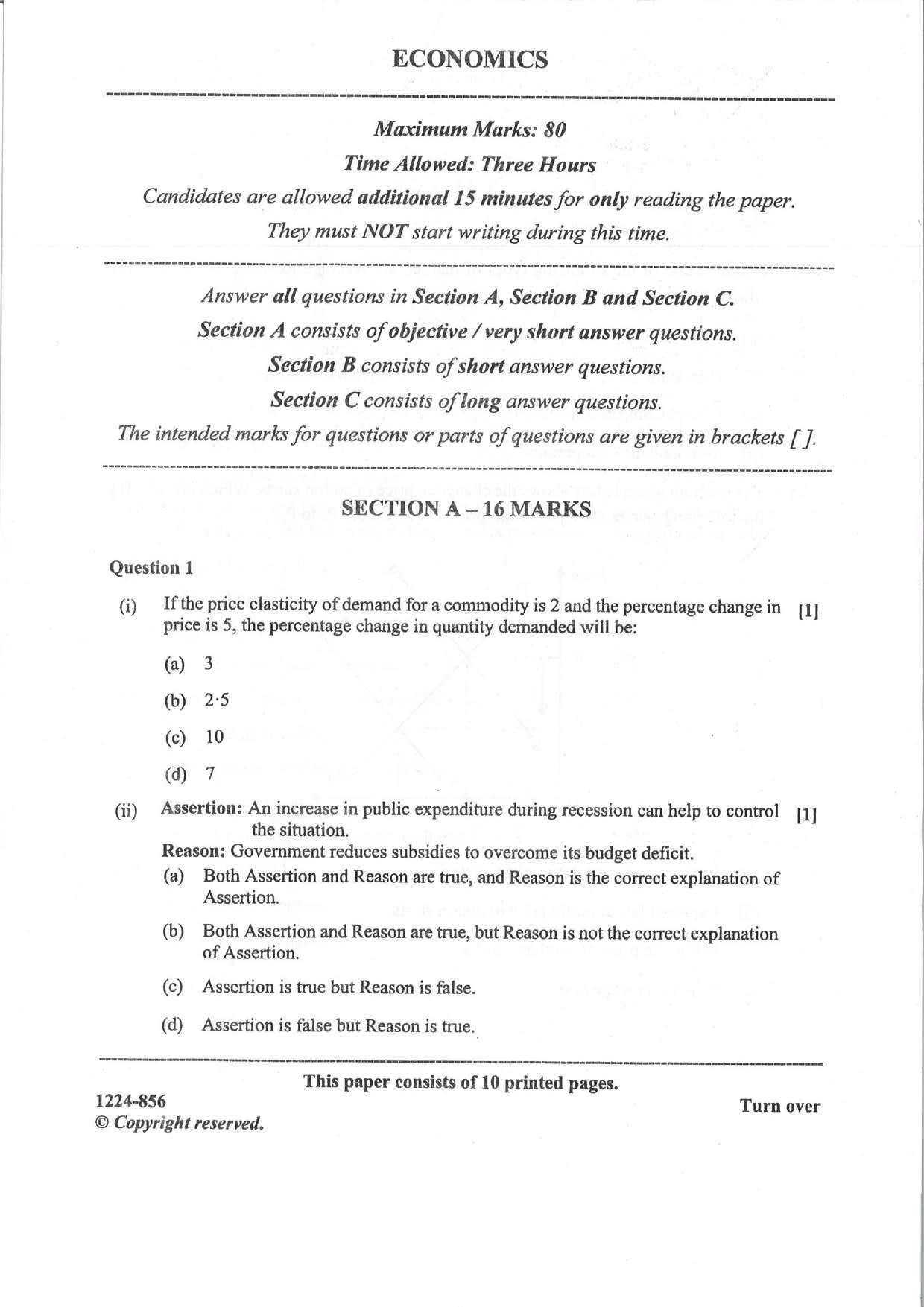 ISC Class 12 Economics 2024 Question Paper - IndCareer Docs