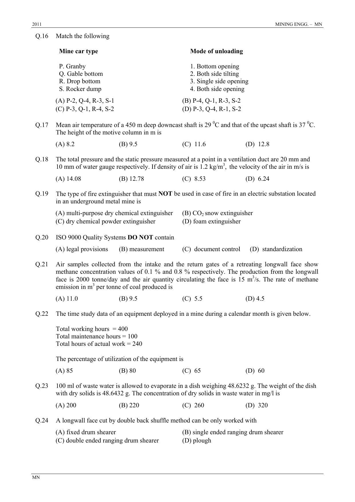 GATE 2011 Mining Engineering (MN) Question Paper with Answer Key - IndCareer Docs
