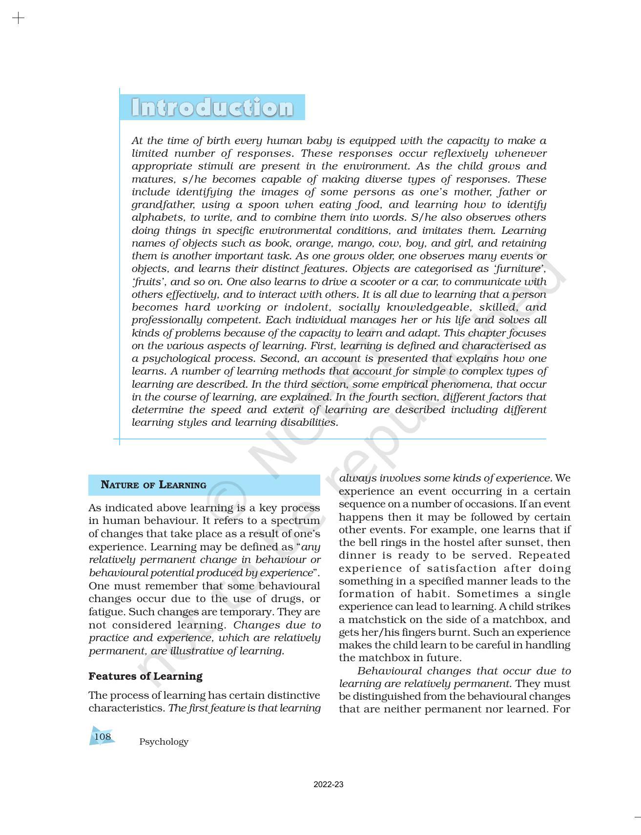 NCERT Book for Class 11 Psychology Chapter 6 Learning