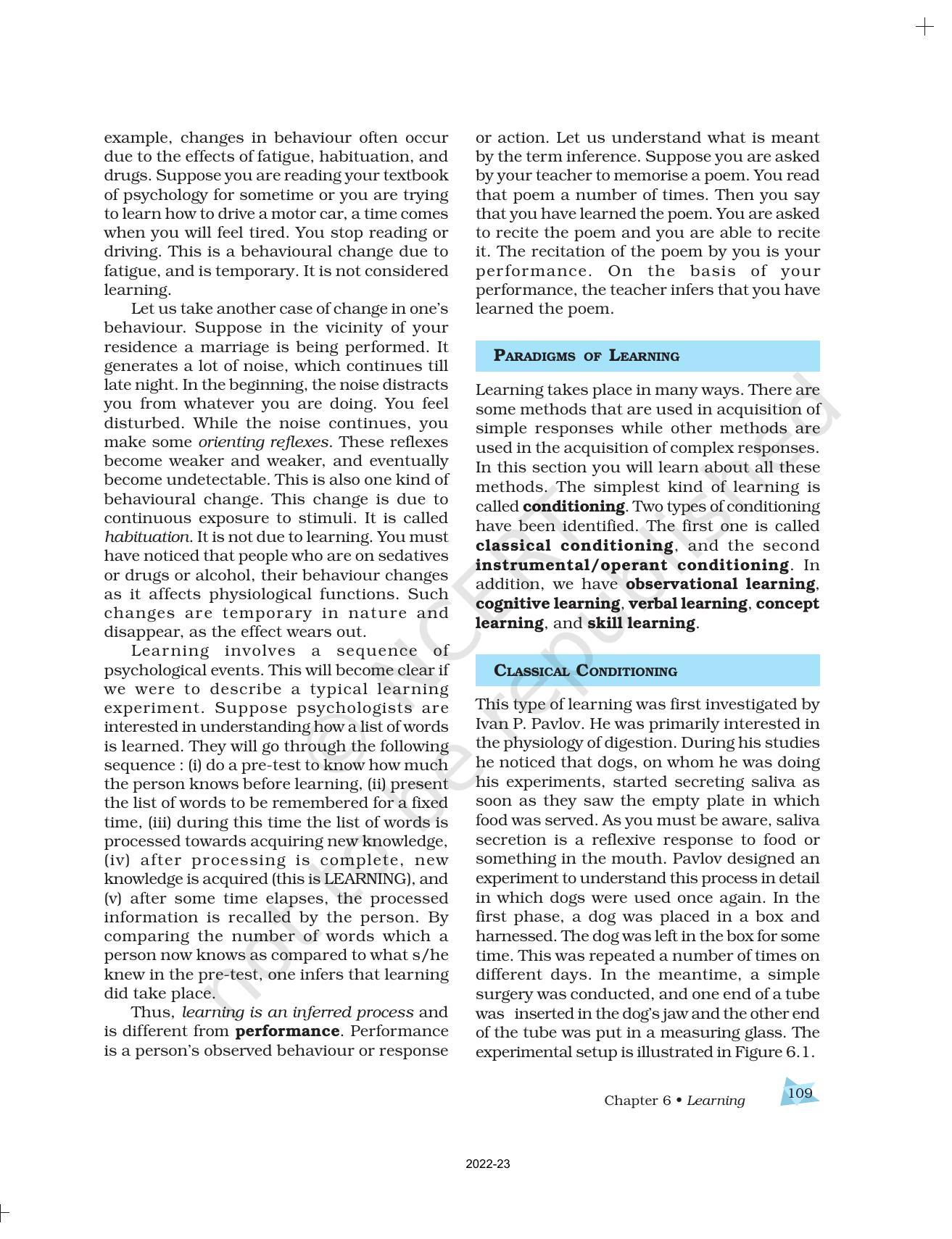 NCERT Book for Class 11 Psychology Chapter 6 Learning