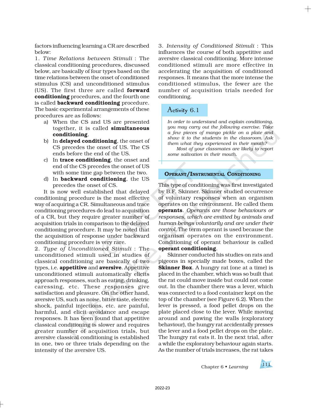 NCERT Book for Class 11 Psychology Chapter 6 Learning