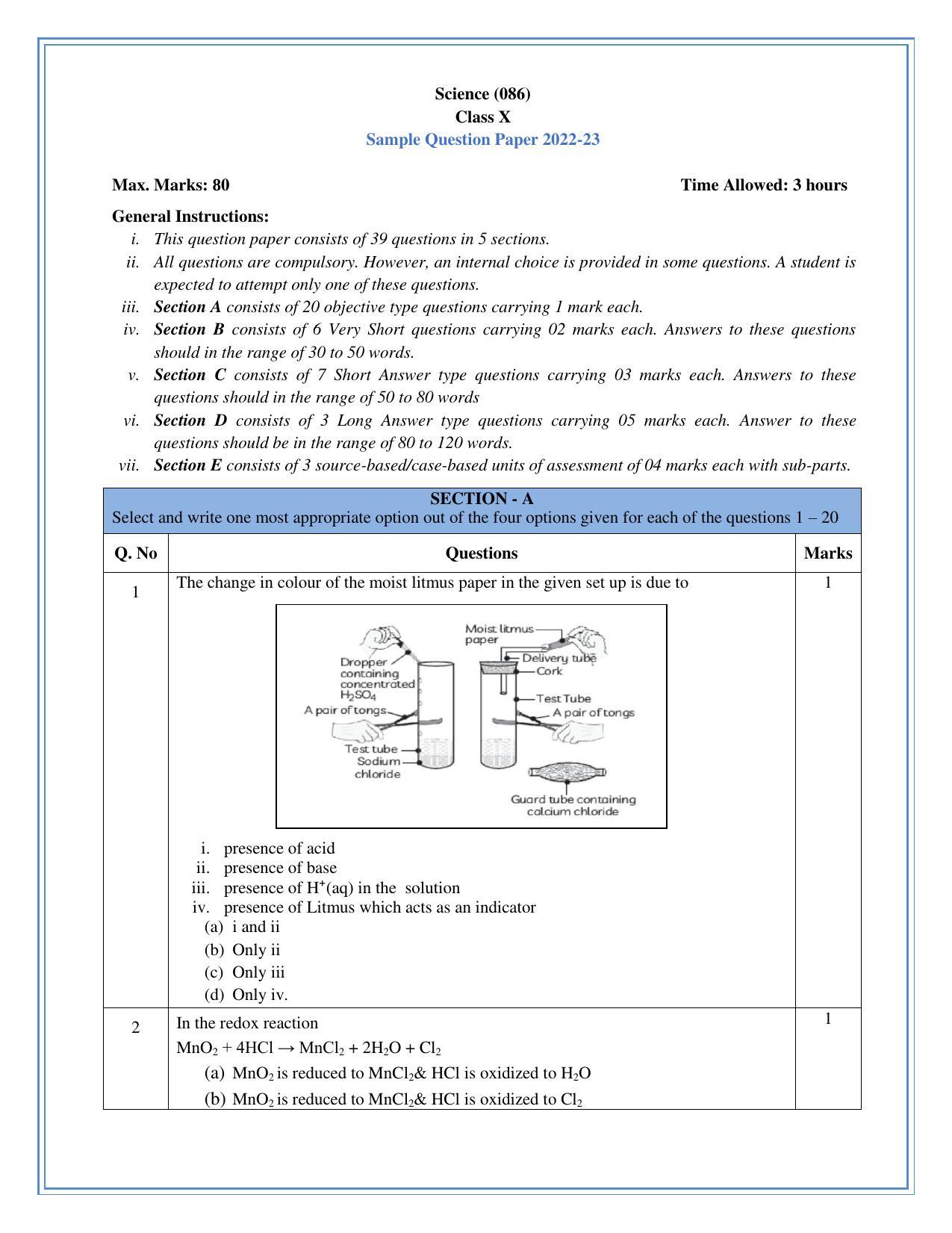 CBSE Class 10 Science Sample Question Paper 2023 - IndCareer Docs