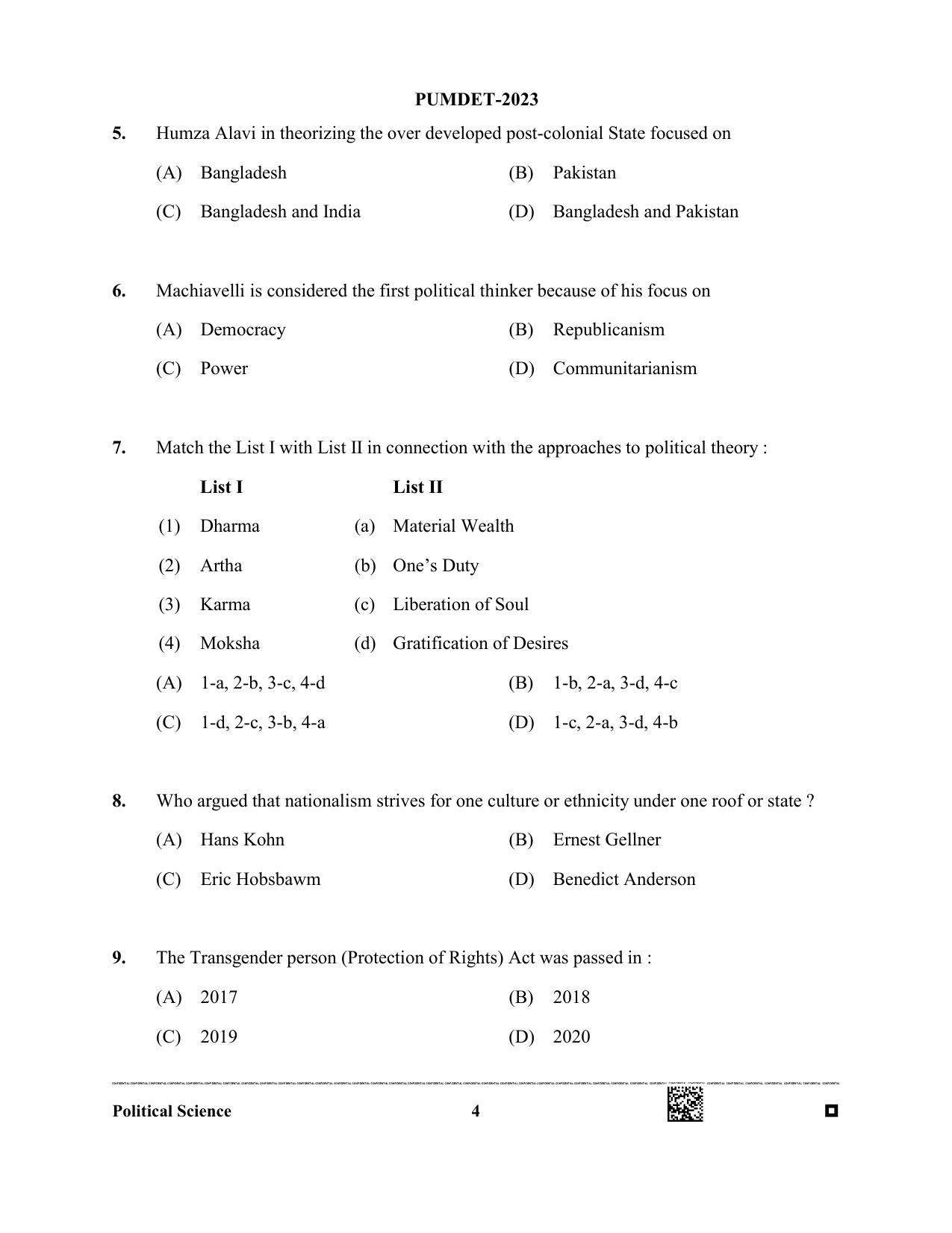 PUMDET 2023 Political Sciences Question Paper - IndCareer Docs