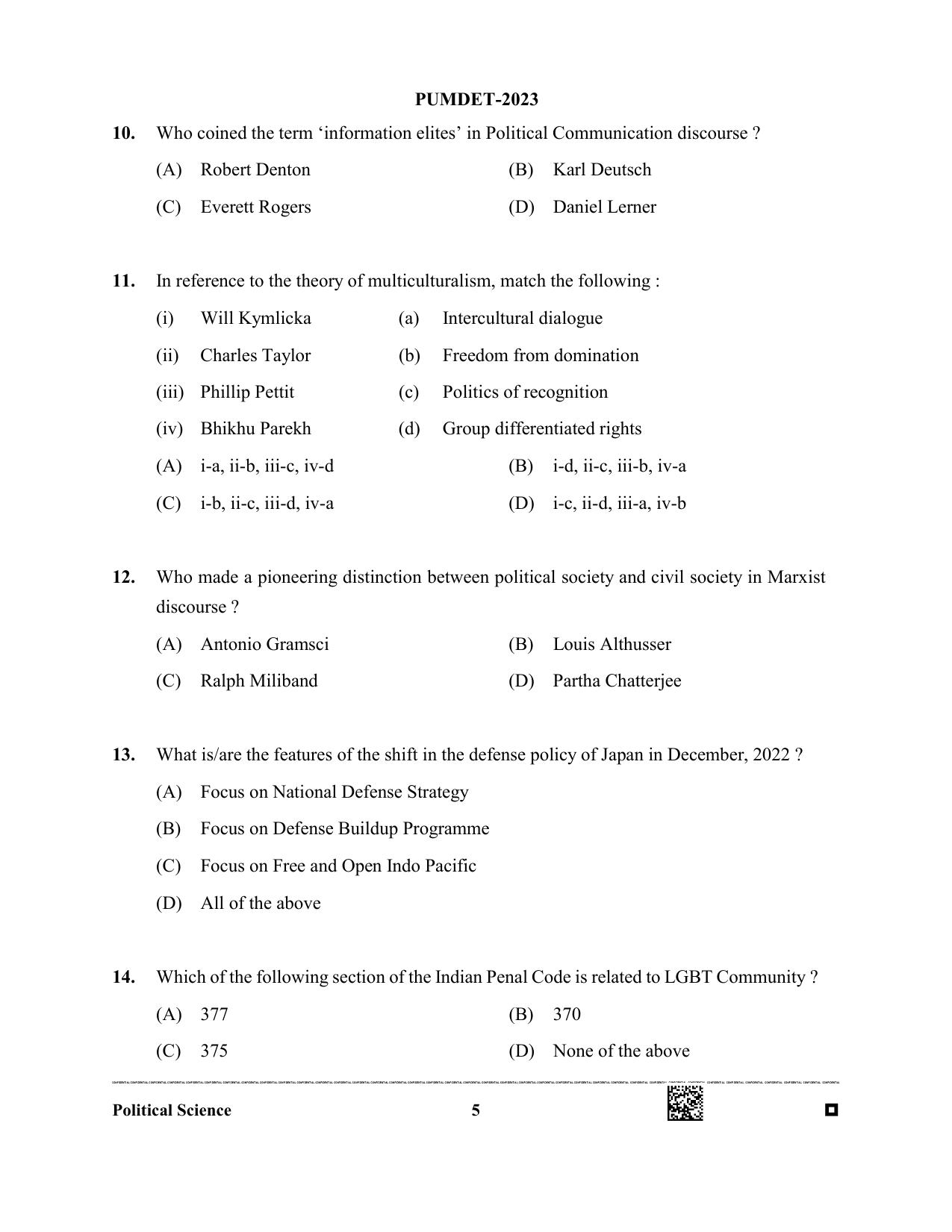PUMDET 2023 Political Sciences Question Paper - IndCareer Docs