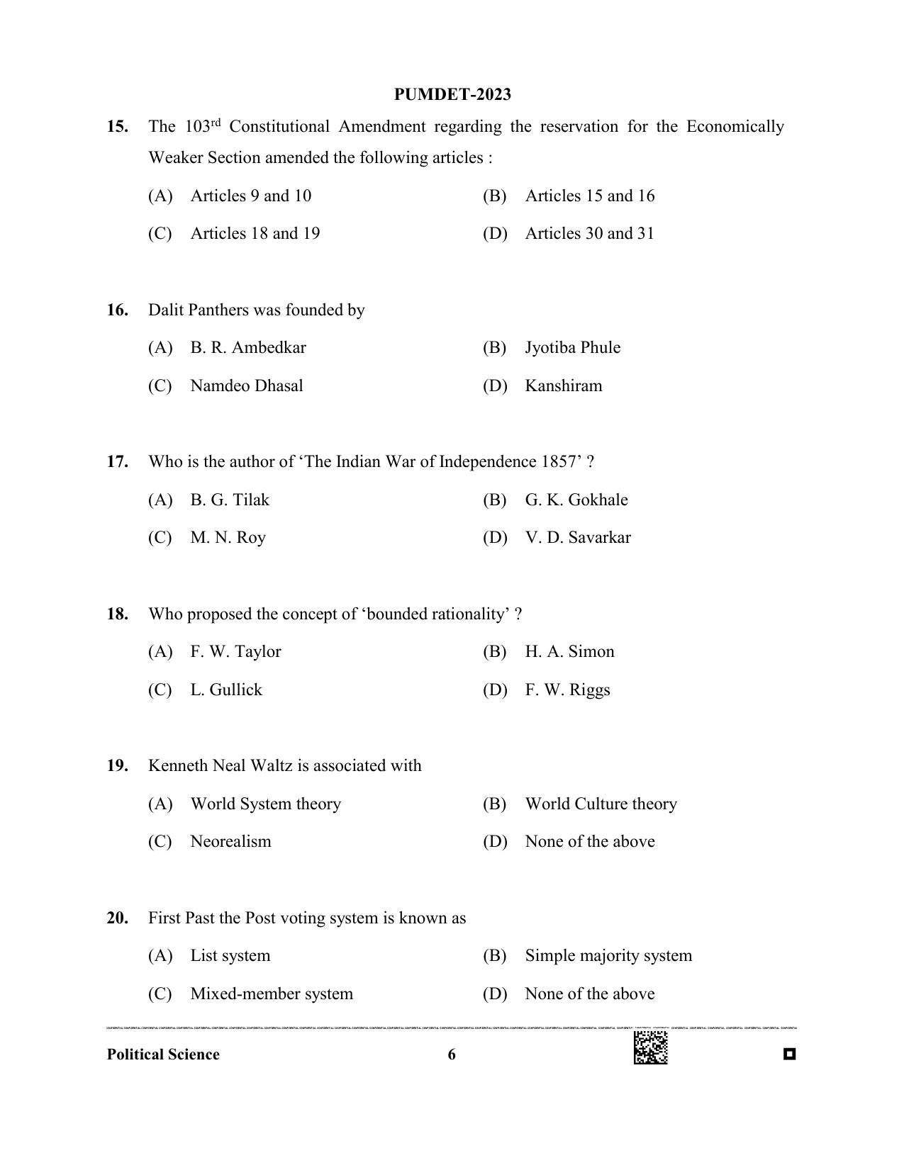 PUMDET 2023 Political Sciences Question Paper - IndCareer Docs