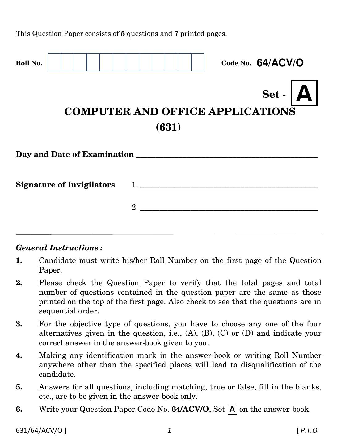 NIOS October 2022 Class 12 Computer And Office Applications Question ...