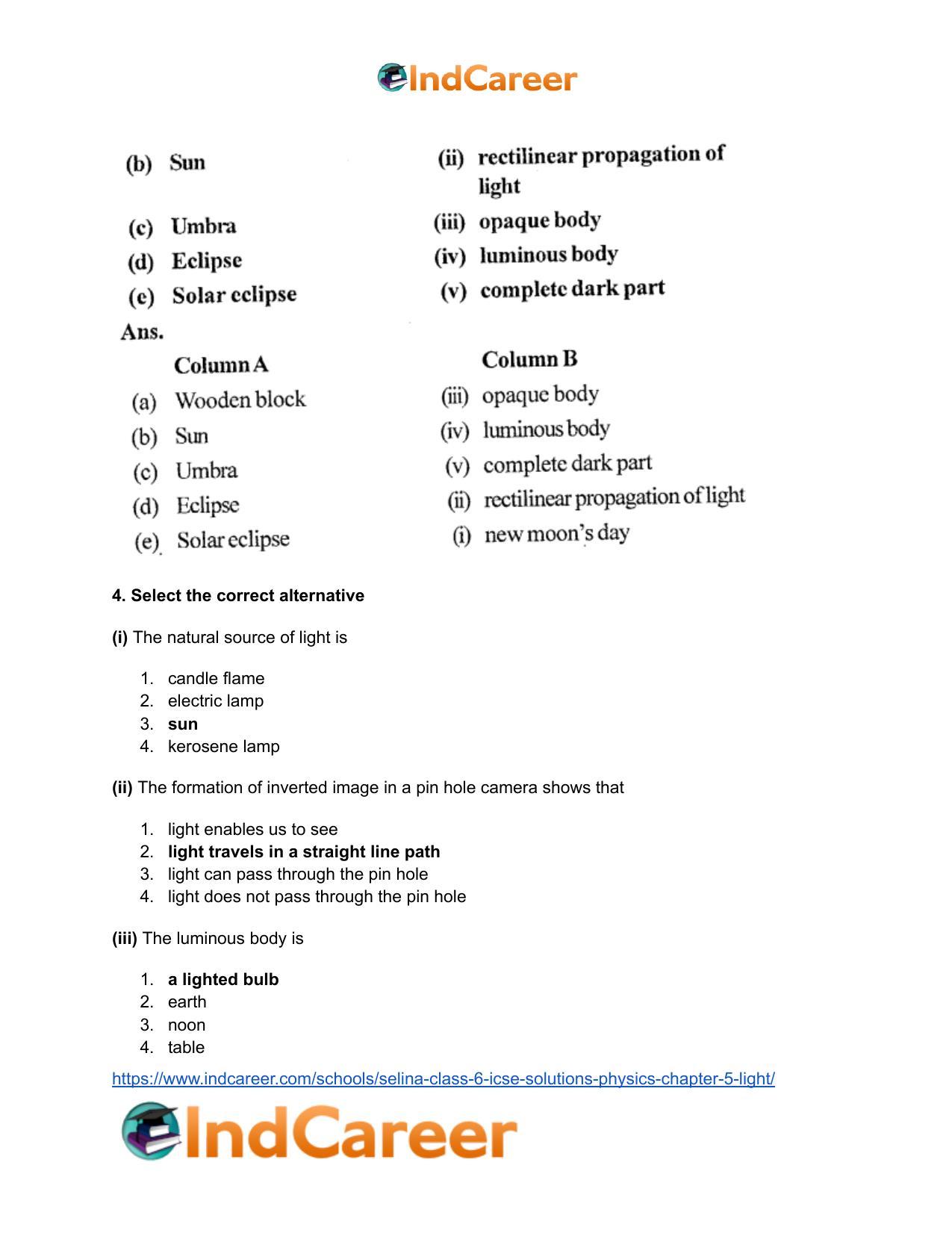 Selina Class 6 ICSE Solutions Physics : Chapter 5- Light - IndCareer Docs